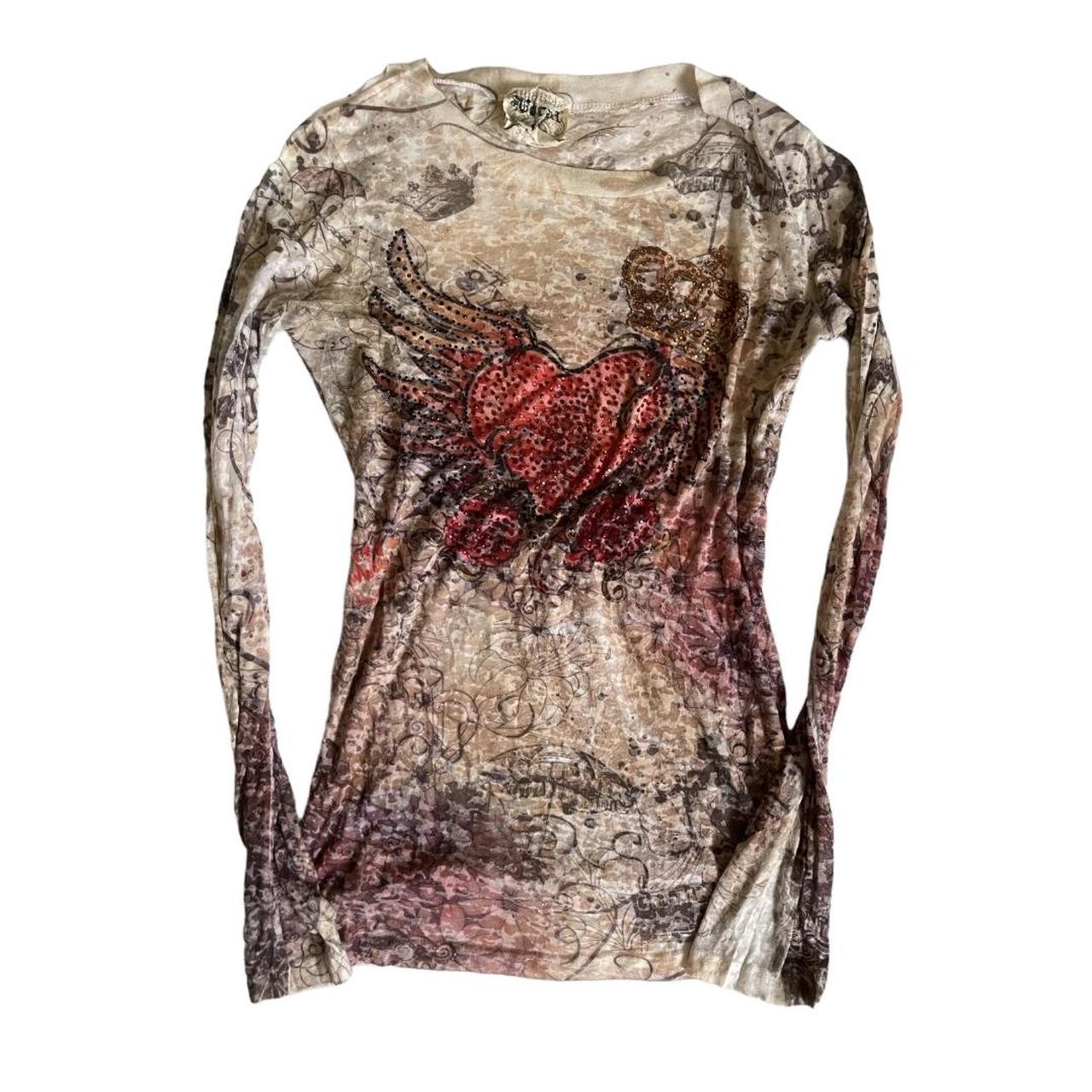 y2k grunge rhinestone heart graphic long sleeve top... - Depop