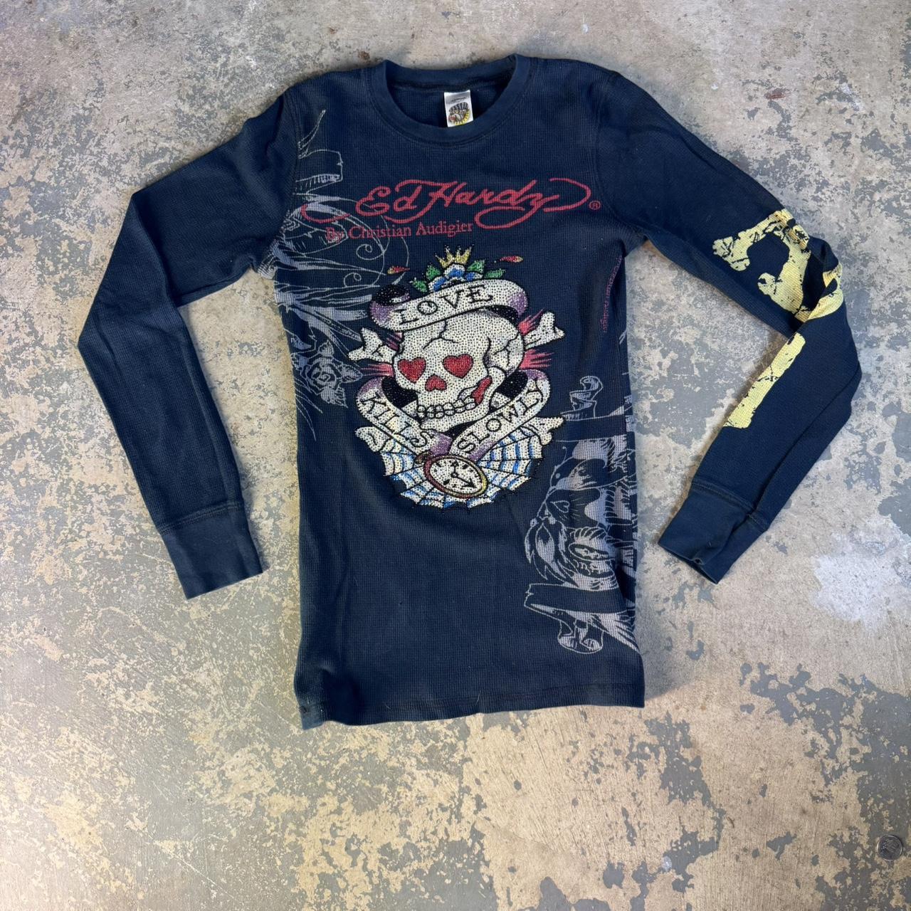 Y2K Ed Hardy Girls Long Sleeve Rhinestone Size:... - Depop
