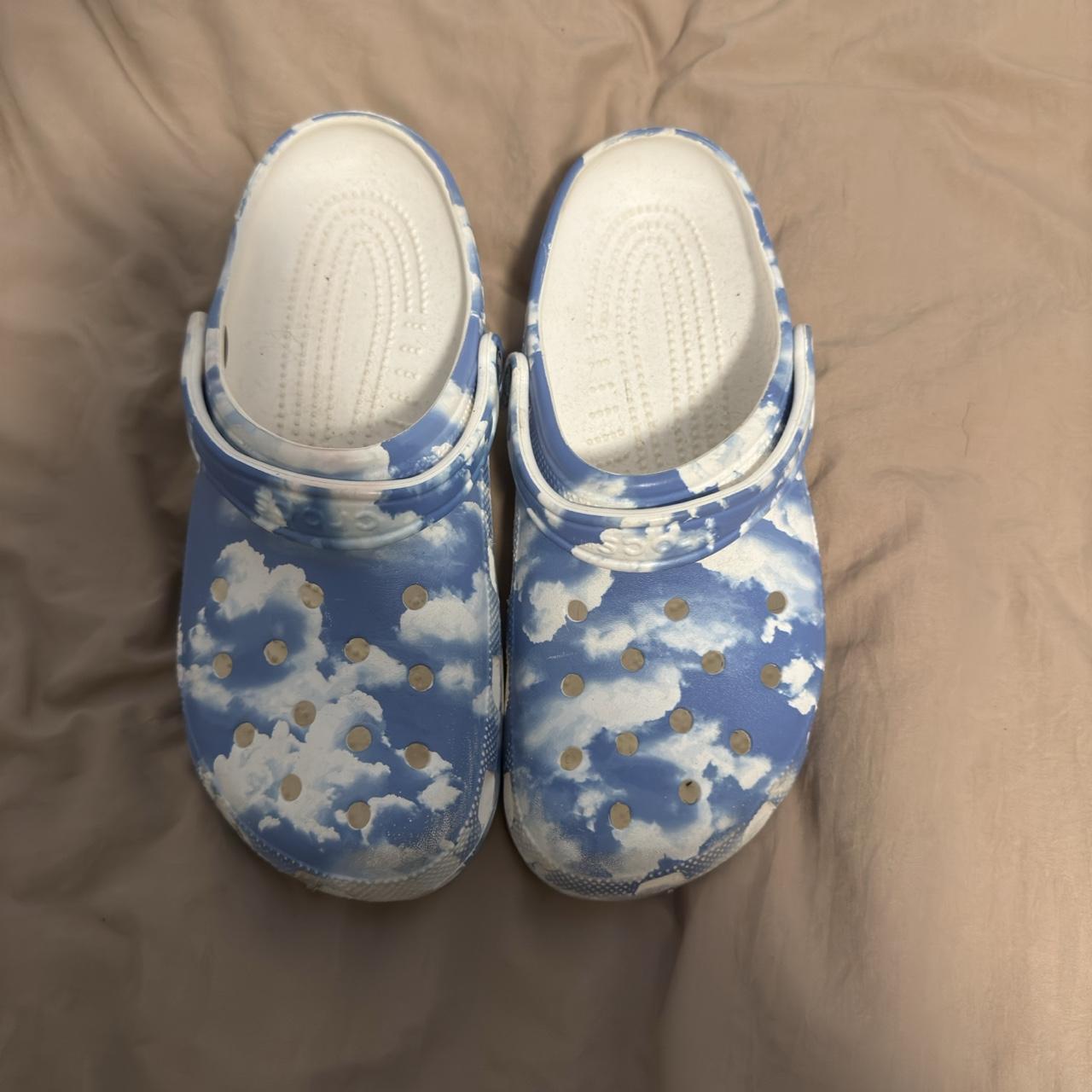 Cloud and sky crocs: Worn a little Bottom pretty... - Depop