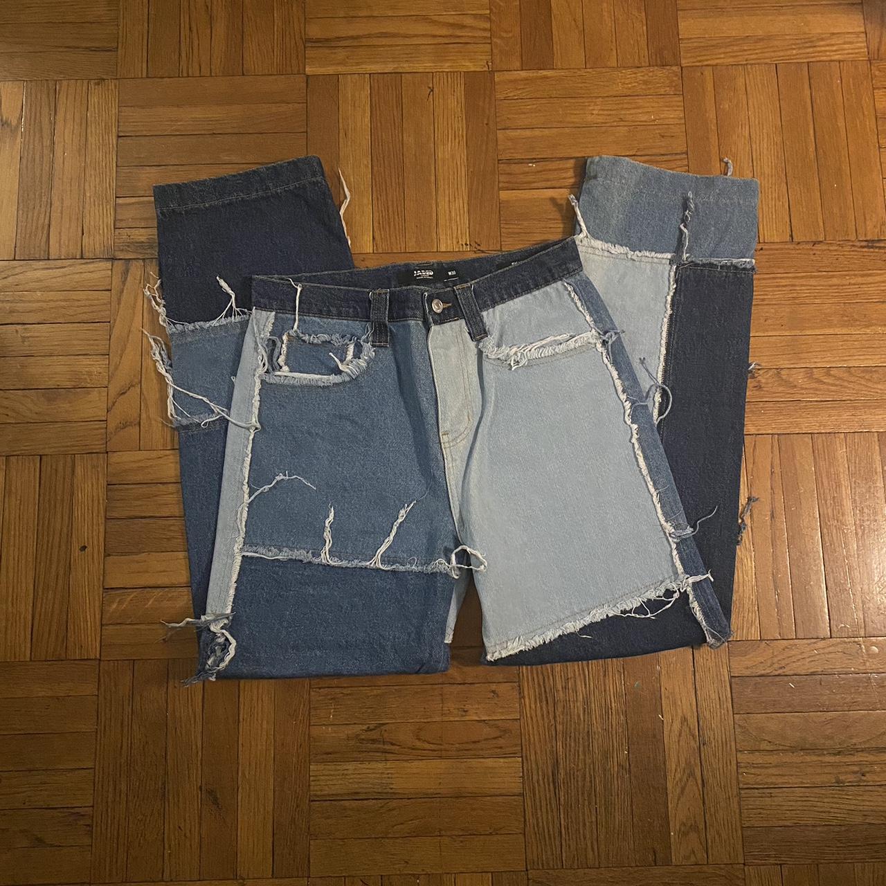 Jaded London patchwork pants in the blue denim color... - Depop
