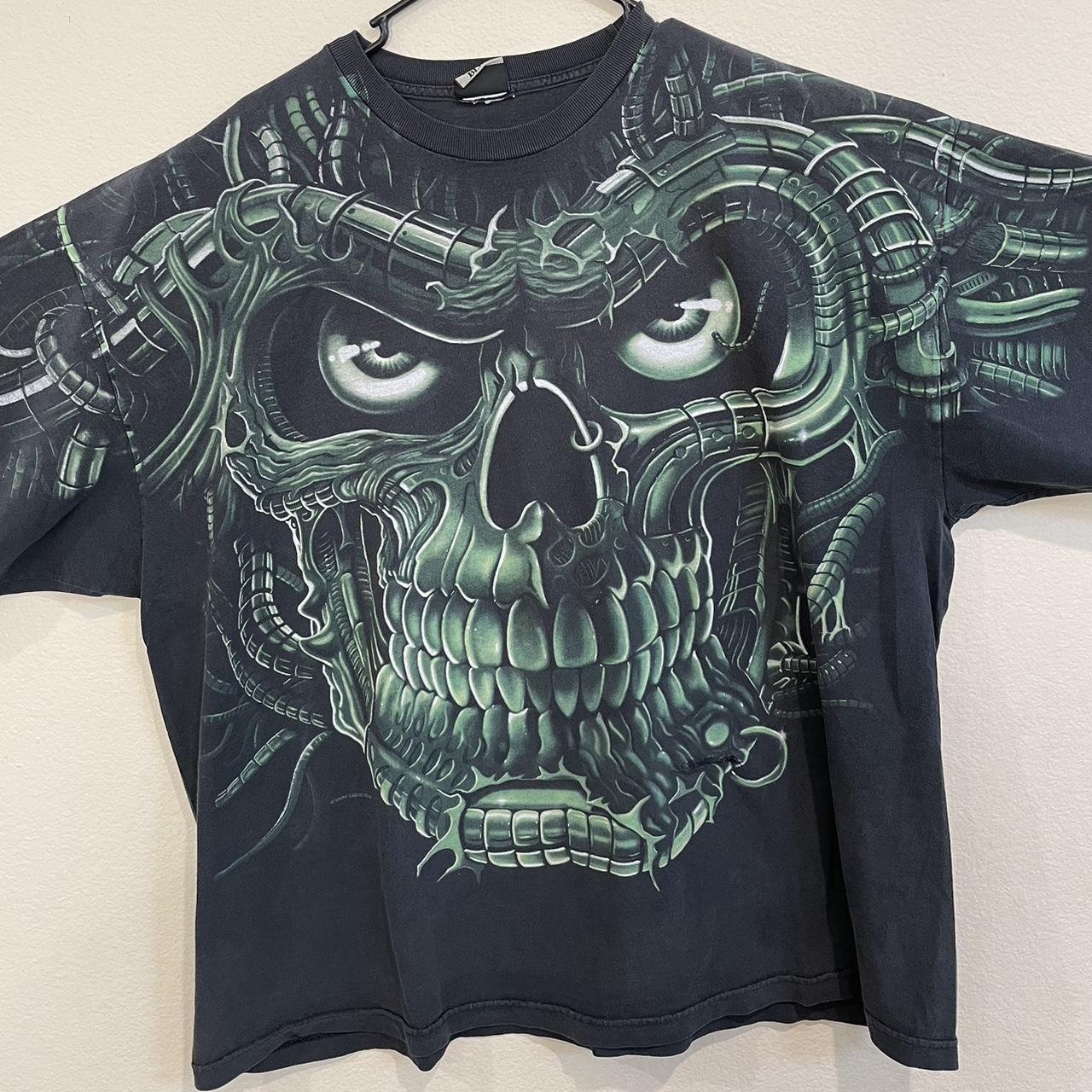 Vintage 1998 Liquid Blue Terminator Skull All Over... - Depop