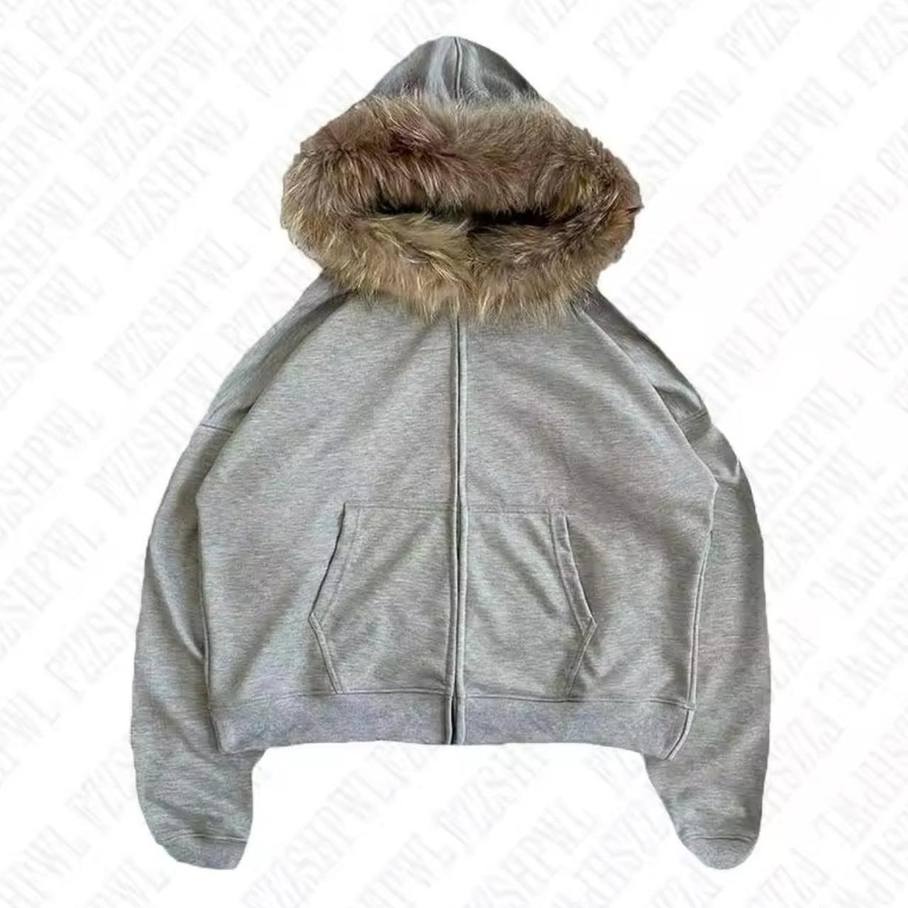 Grey faux fur hooded zip up hoodie #fauxfur #hoodie... | Depop