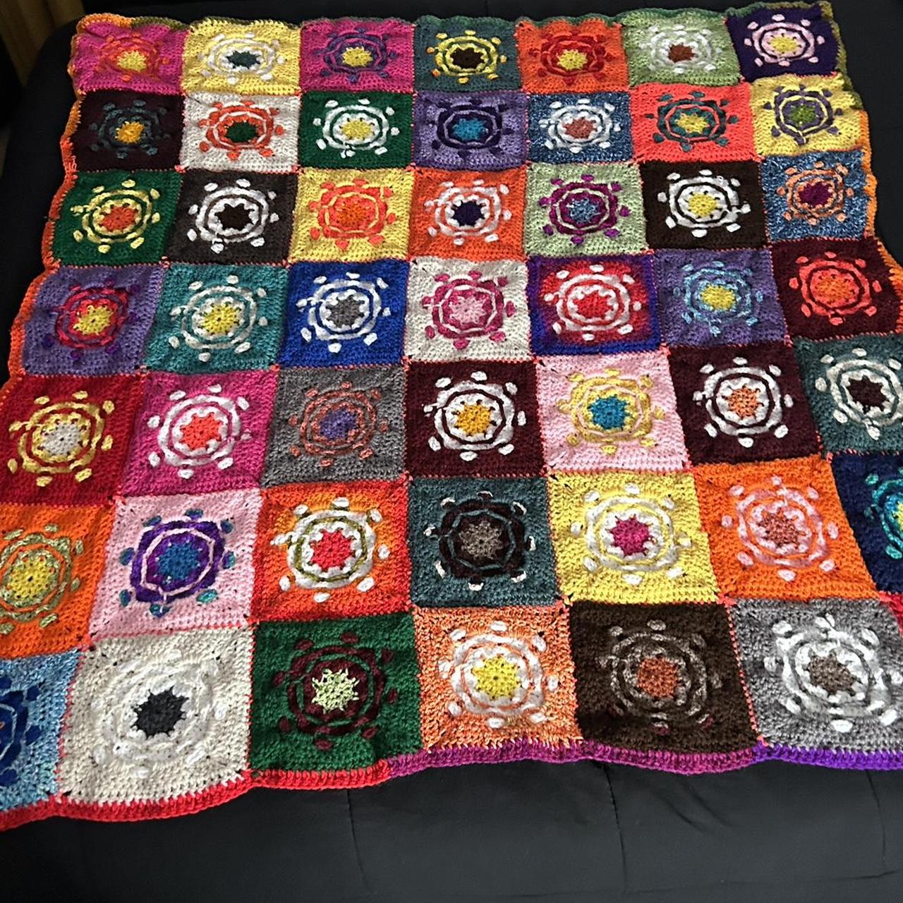 Handmade checkered multicolor flower granny square... - Depop