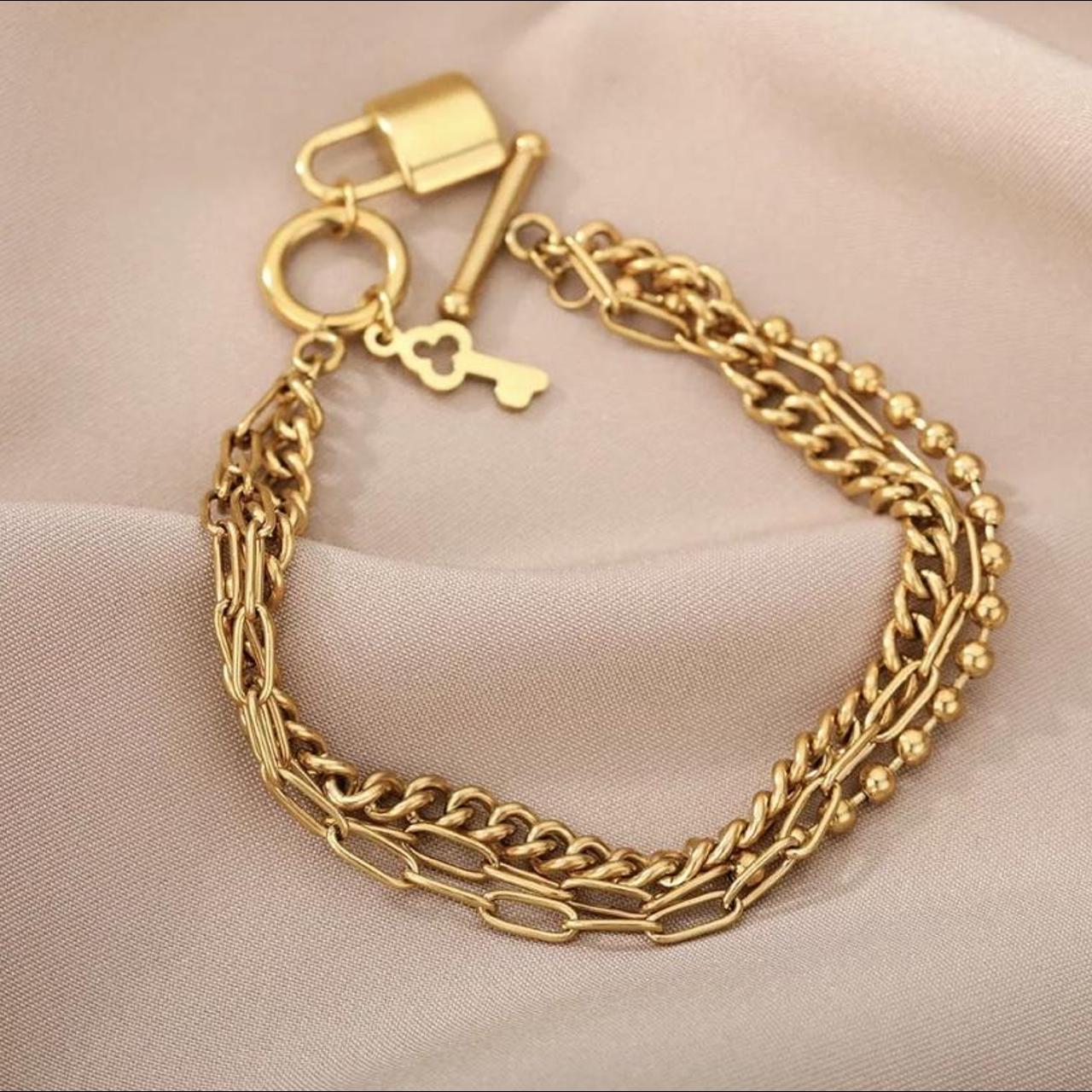 Y2K Layered Gold Charm Bracelet size: 13 cm... - Depop