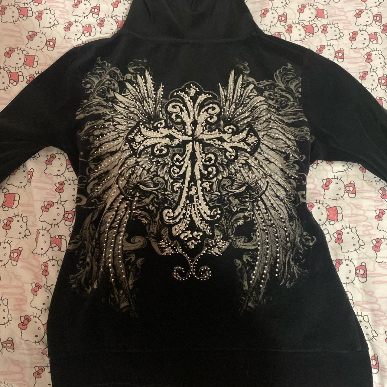 cyber y2k gothic rhinestone cross zip up velour... - Depop