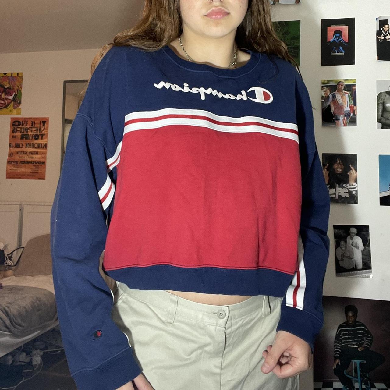 red white and navy striped champion crewneck jumper... - Depop