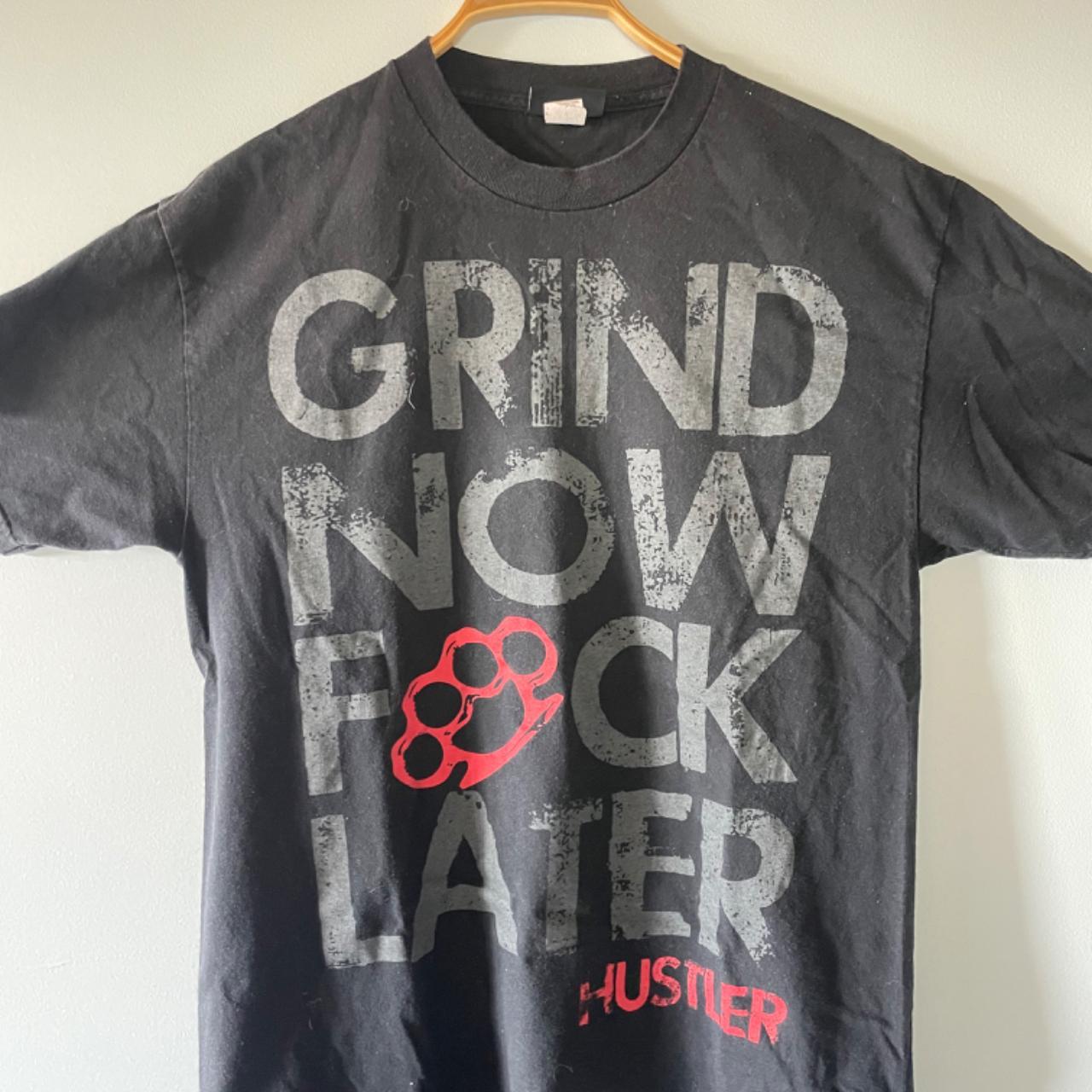 Vintage Black Hustler Crew Neck T Shirt “Grind Now... | Depop