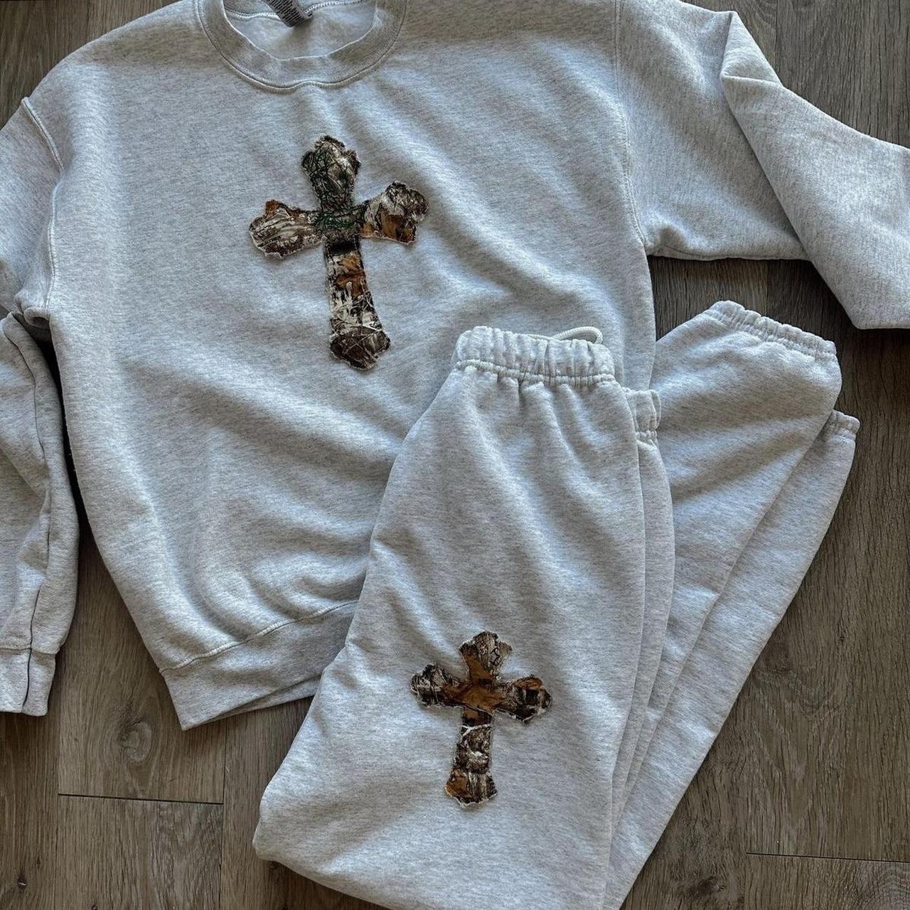 Grey sweat set with camo cross hand sewn... | Depop