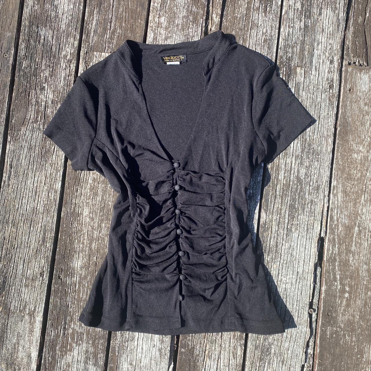 y2k black top ruffle cinch detail button up... - Depop
