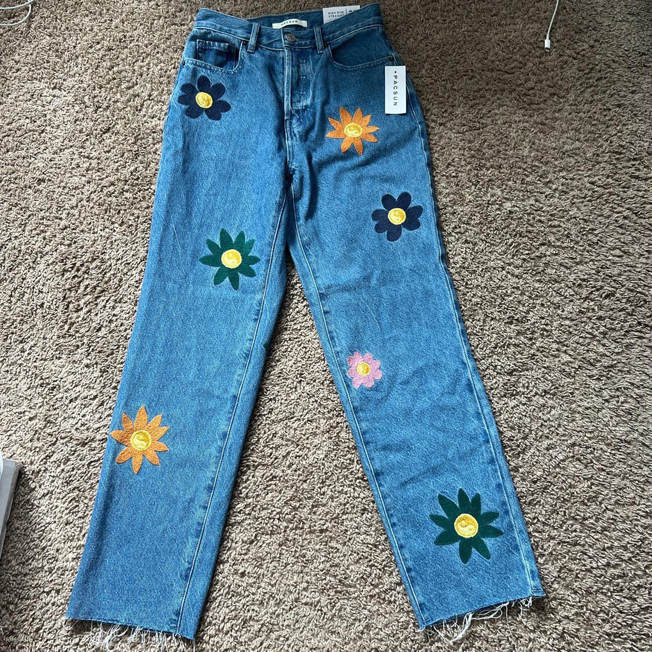 embroidered flower jeans from pacsun brand new with... - Depop