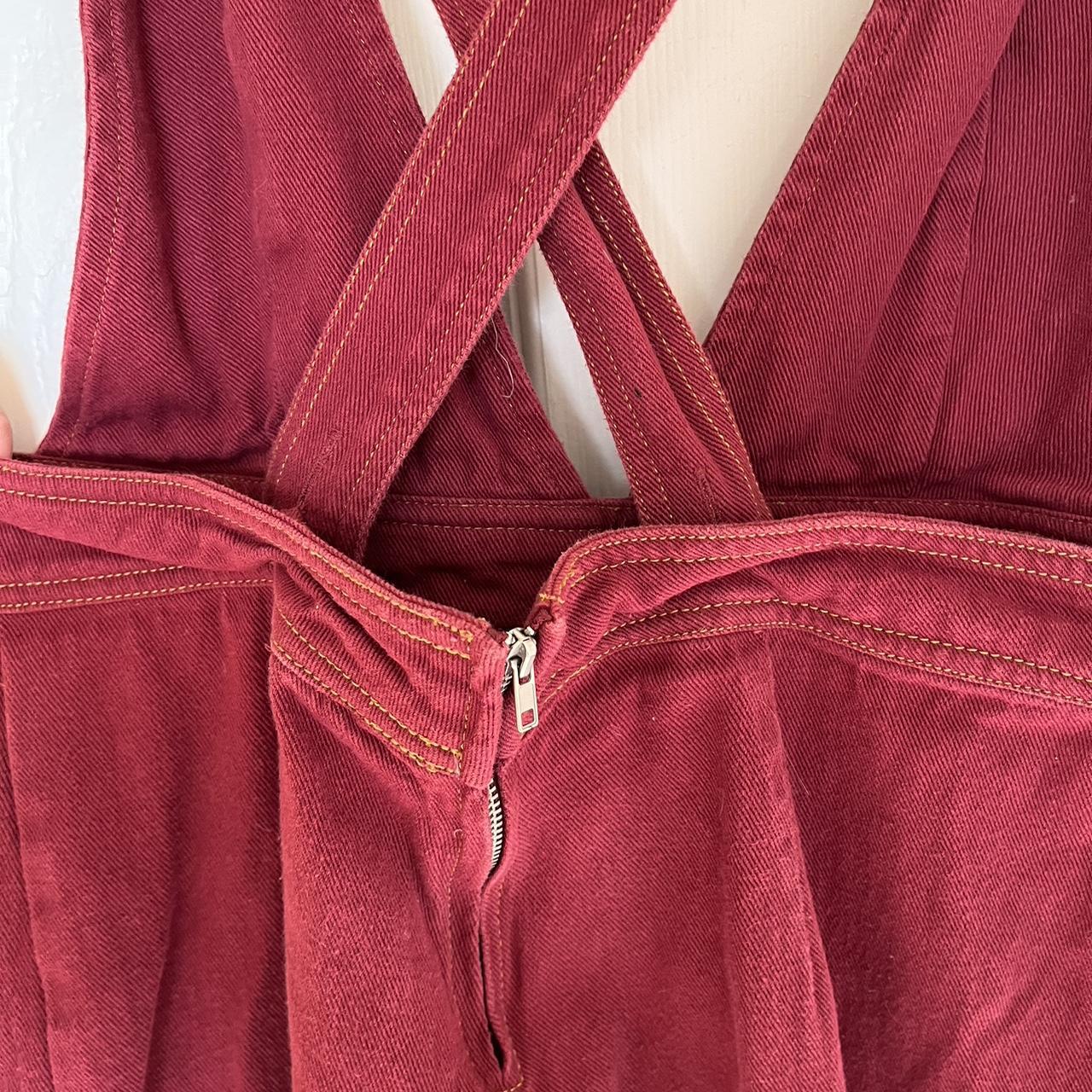 Older forever 21 jumpsuit overall red denim worn on... - Depop