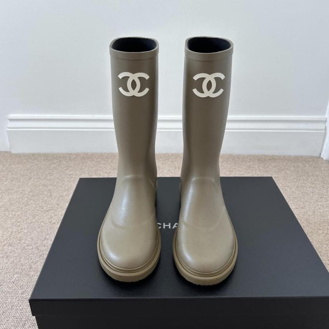 Chanel wellington rain boots Khaki Brand new never... - Depop