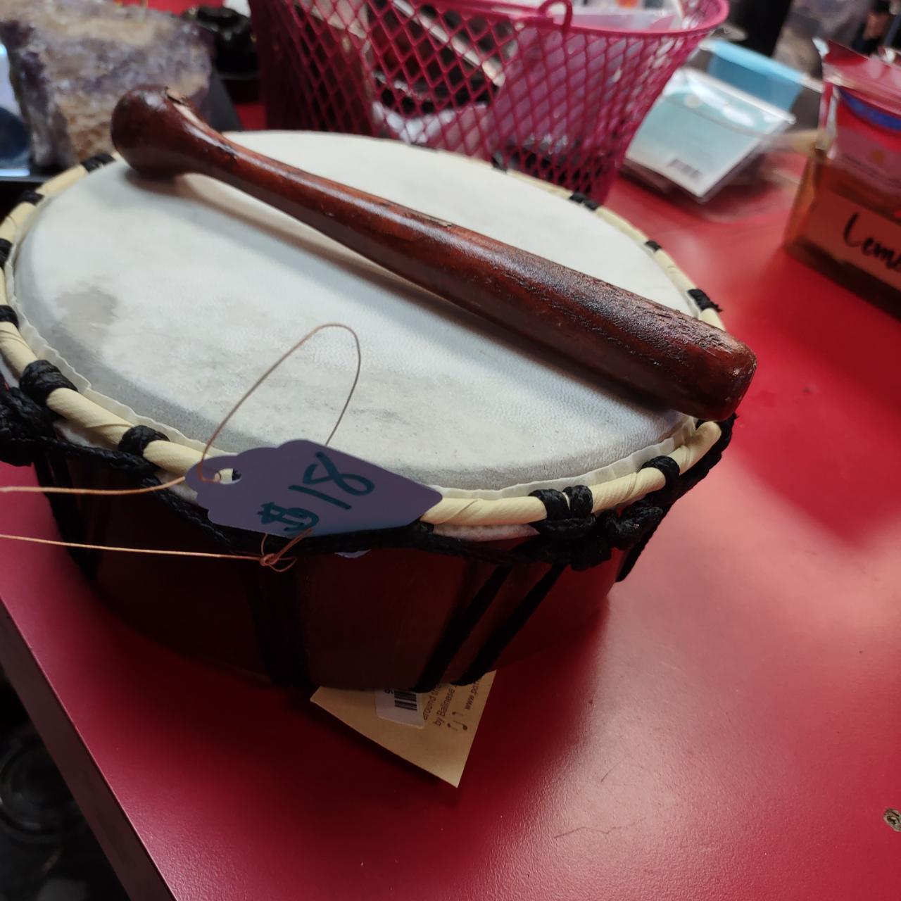 Small wooden drum with stick from Native Sounds - Depop