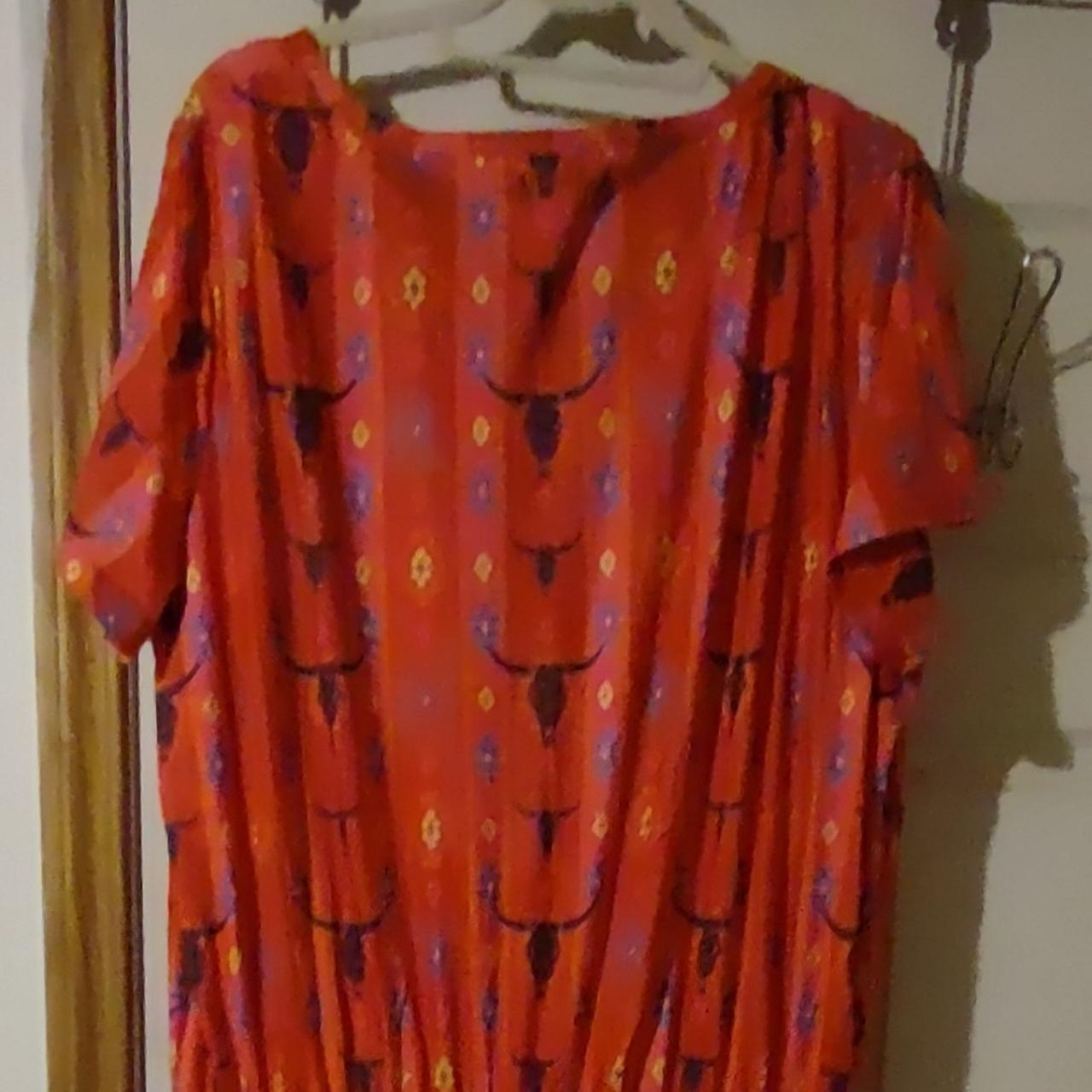 Red western style maxi dress with side slit and... - Depop