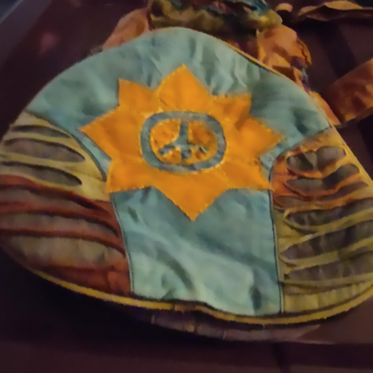 small backpack with patchwork and peace sign design... - Depop