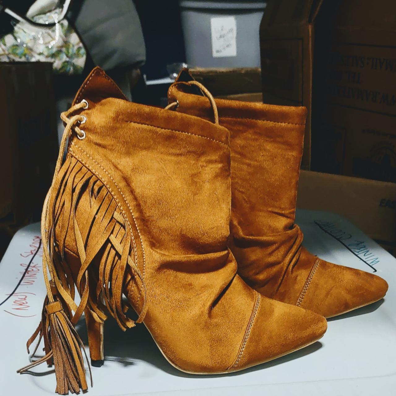 Chestnut colored fringed ankle high booties size 6 -... - Depop