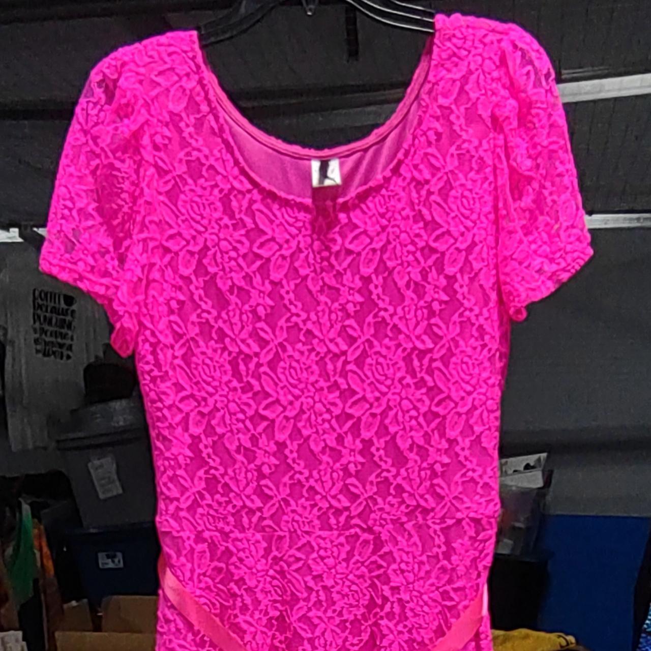 Pink lacy dress with ribbon tie at the waist from... - Depop