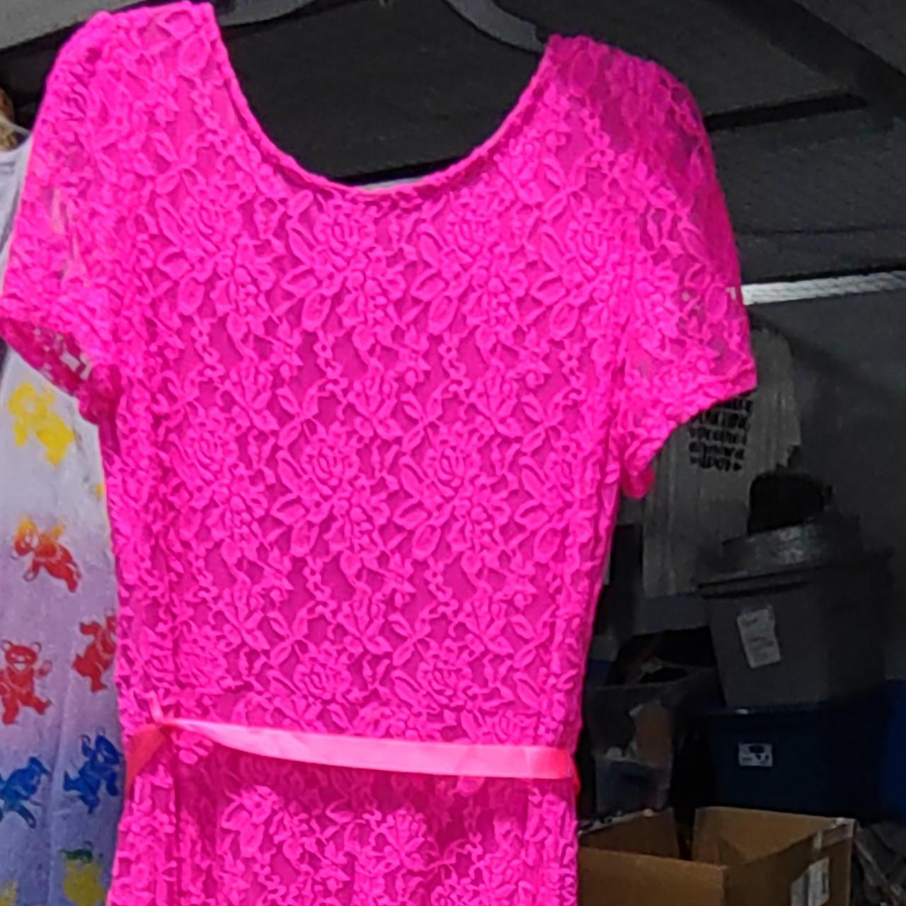 Pink lacy dress with ribbon tie at the waist from... - Depop