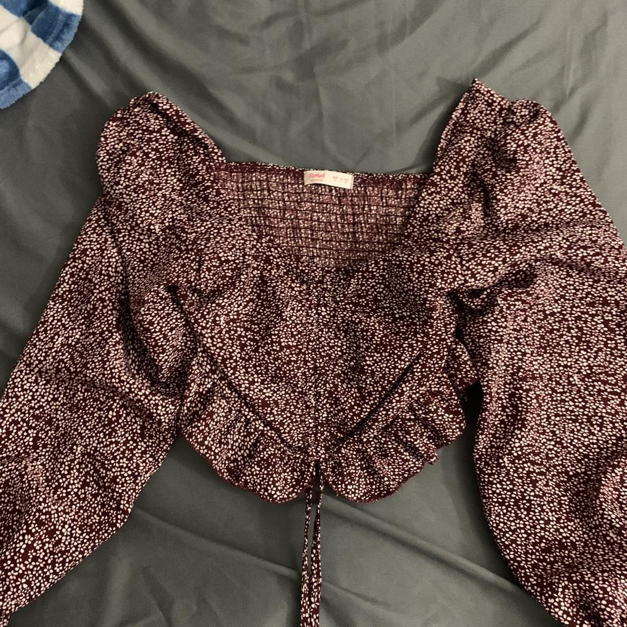 Romwe Women's Burgundy and White Crop-top | Depop