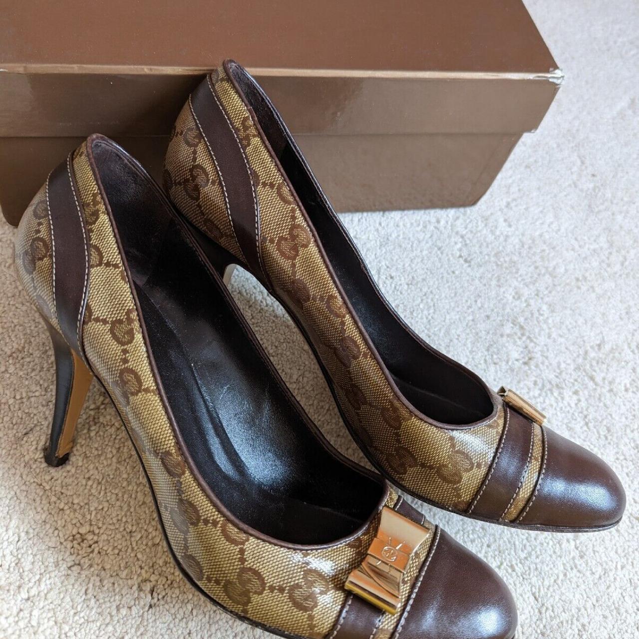 Gucci Women's GG Monogram Bow Brown Leather Heels... - Depop