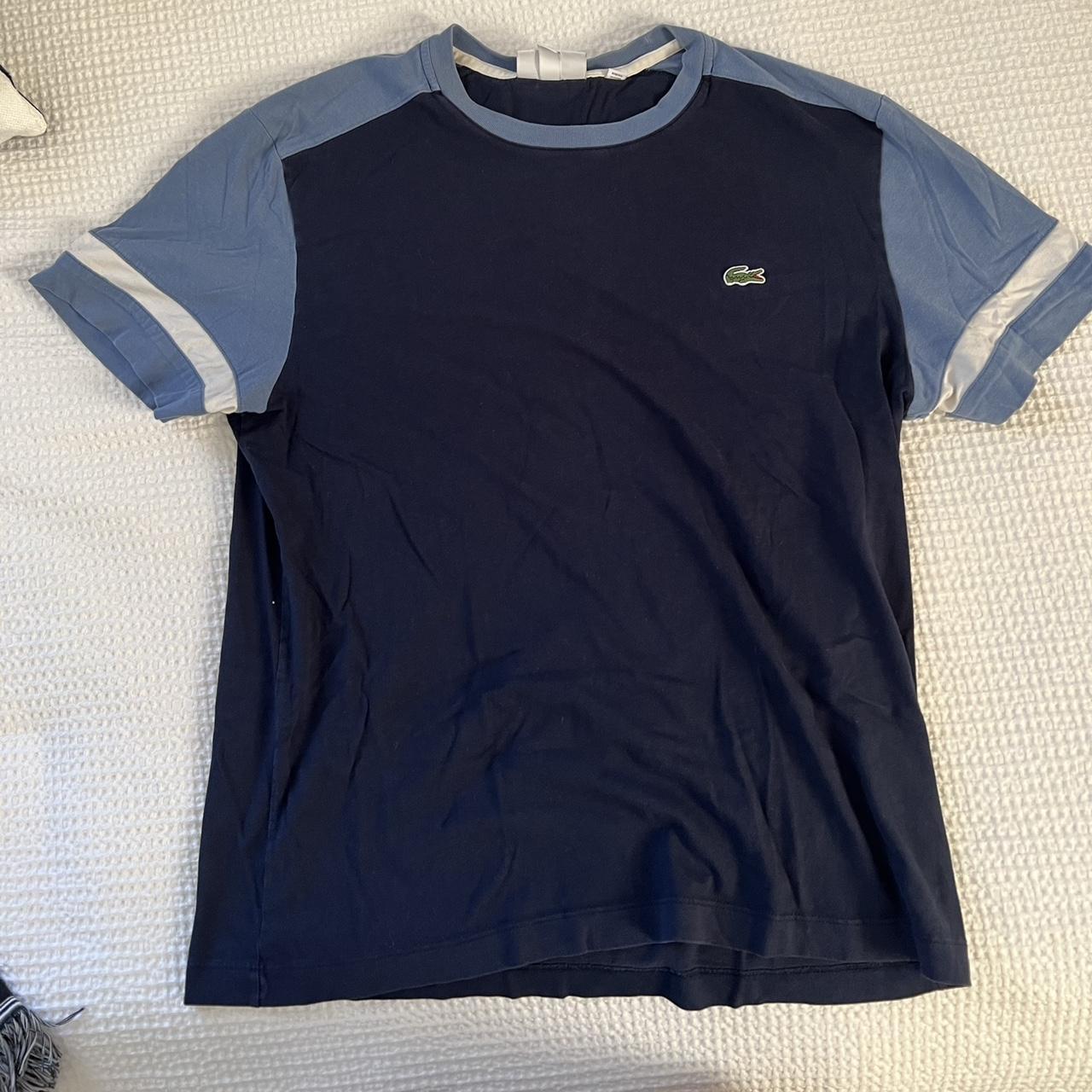 Navy Lacoste tshirt with lighter blue and white... - Depop