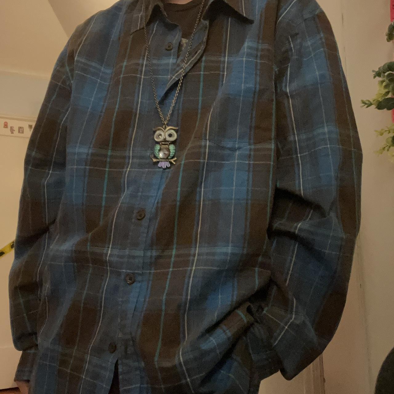 Vintage retro fit blue and brown flannel hand made... - Depop