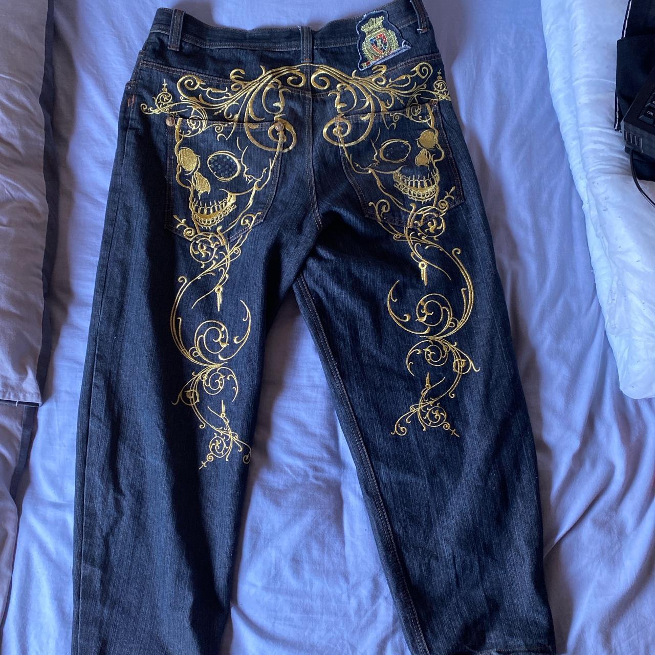 BLACK AND GOLD JAPANESE VINTAGE DESIGN DENIM BAGGY... - Depop