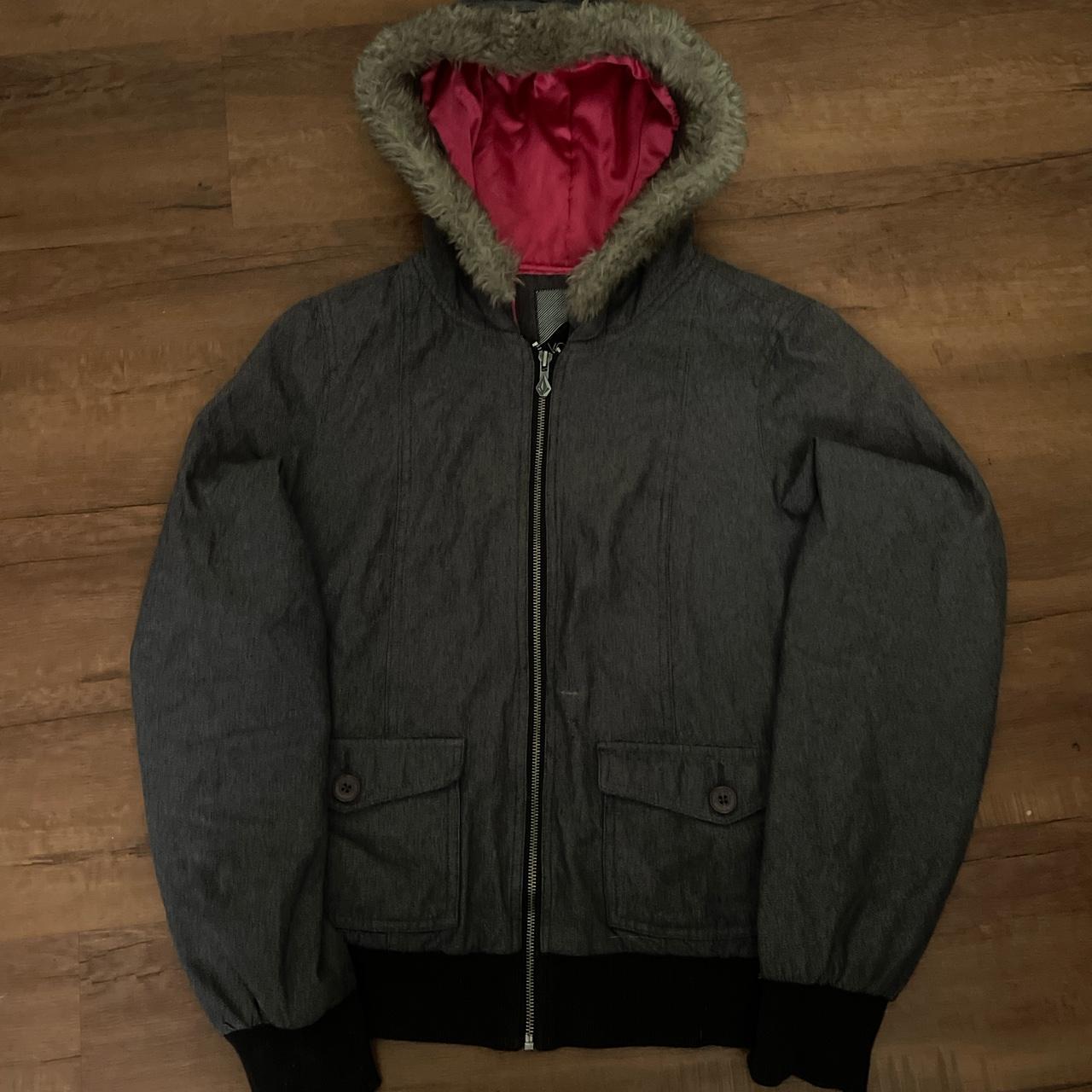 Medium grey Volcom faux fur Hood zip up... - Depop