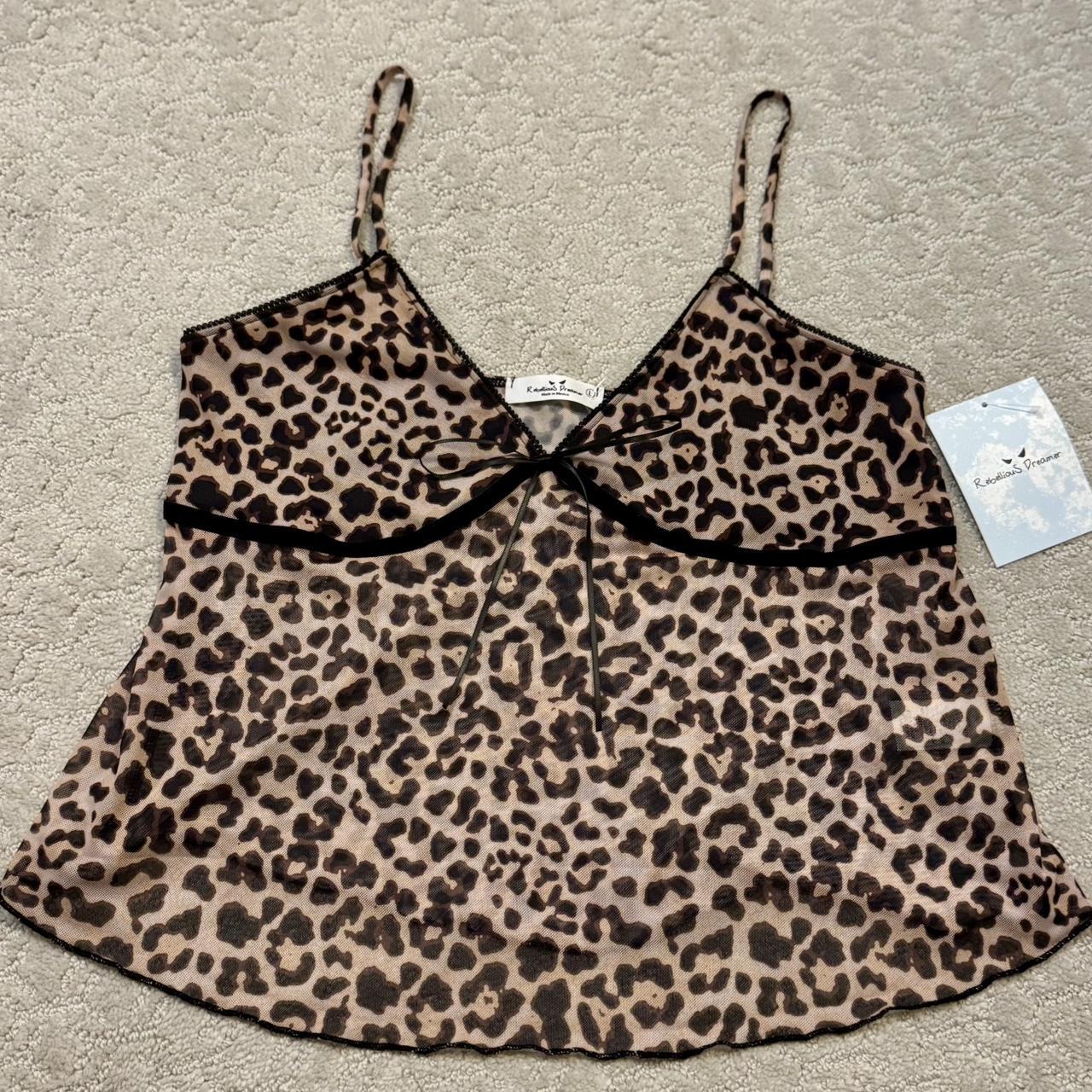 Leopard print cami top with black bow and lace trim... | Depop