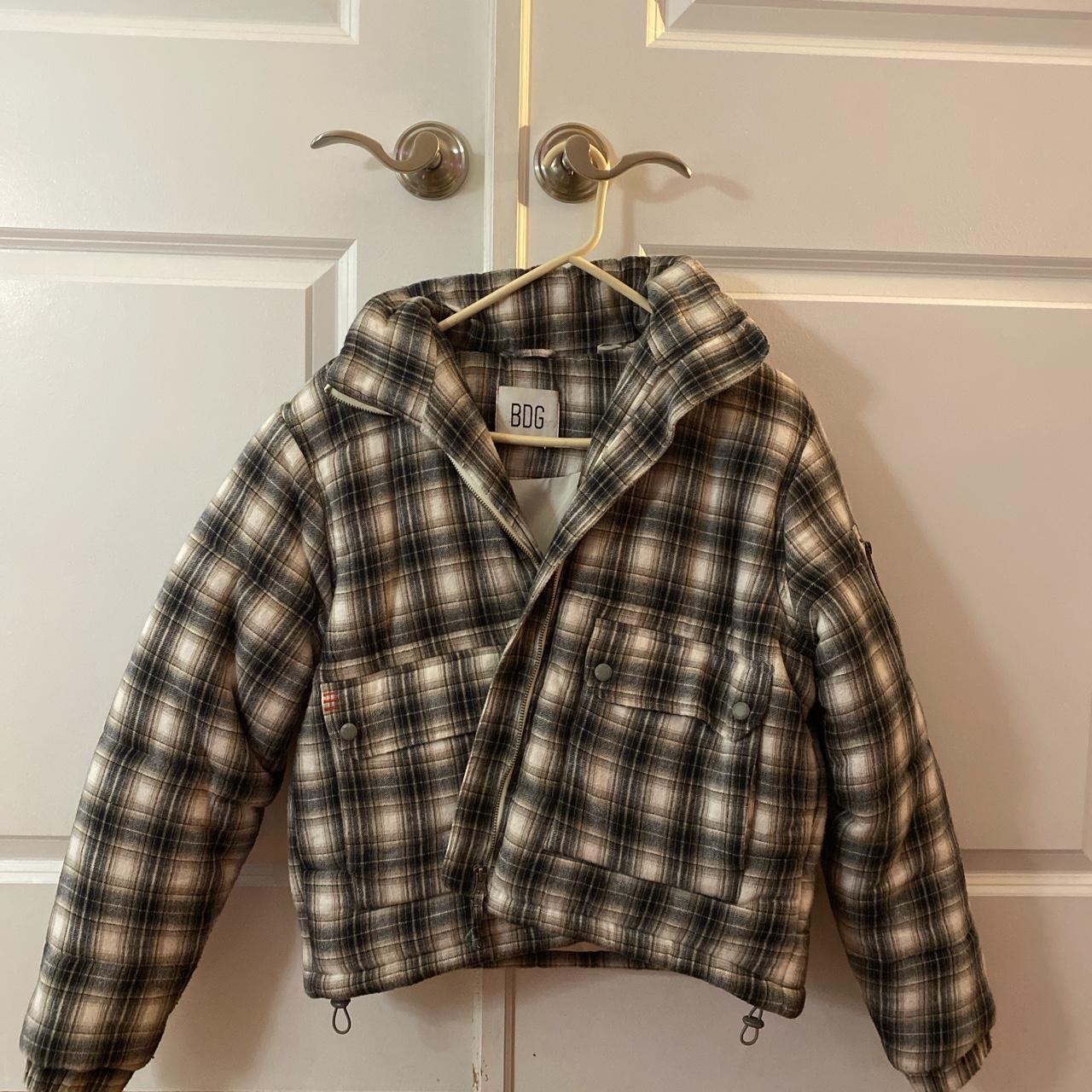 urban outfitters flannel puffer jacket fits size... - Depop