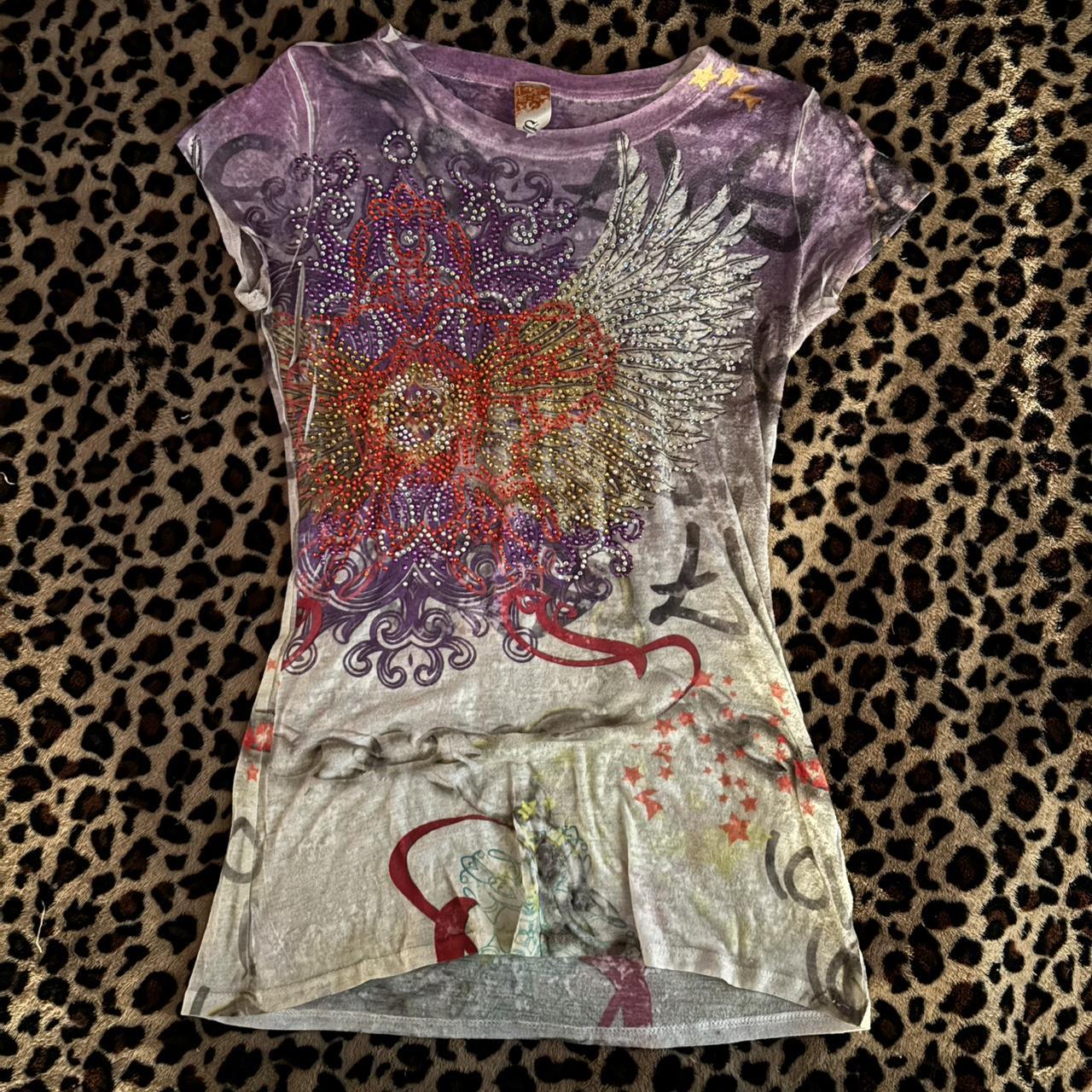 Purple and red bedazzled angel tee with a 2000s vibe... - Depop