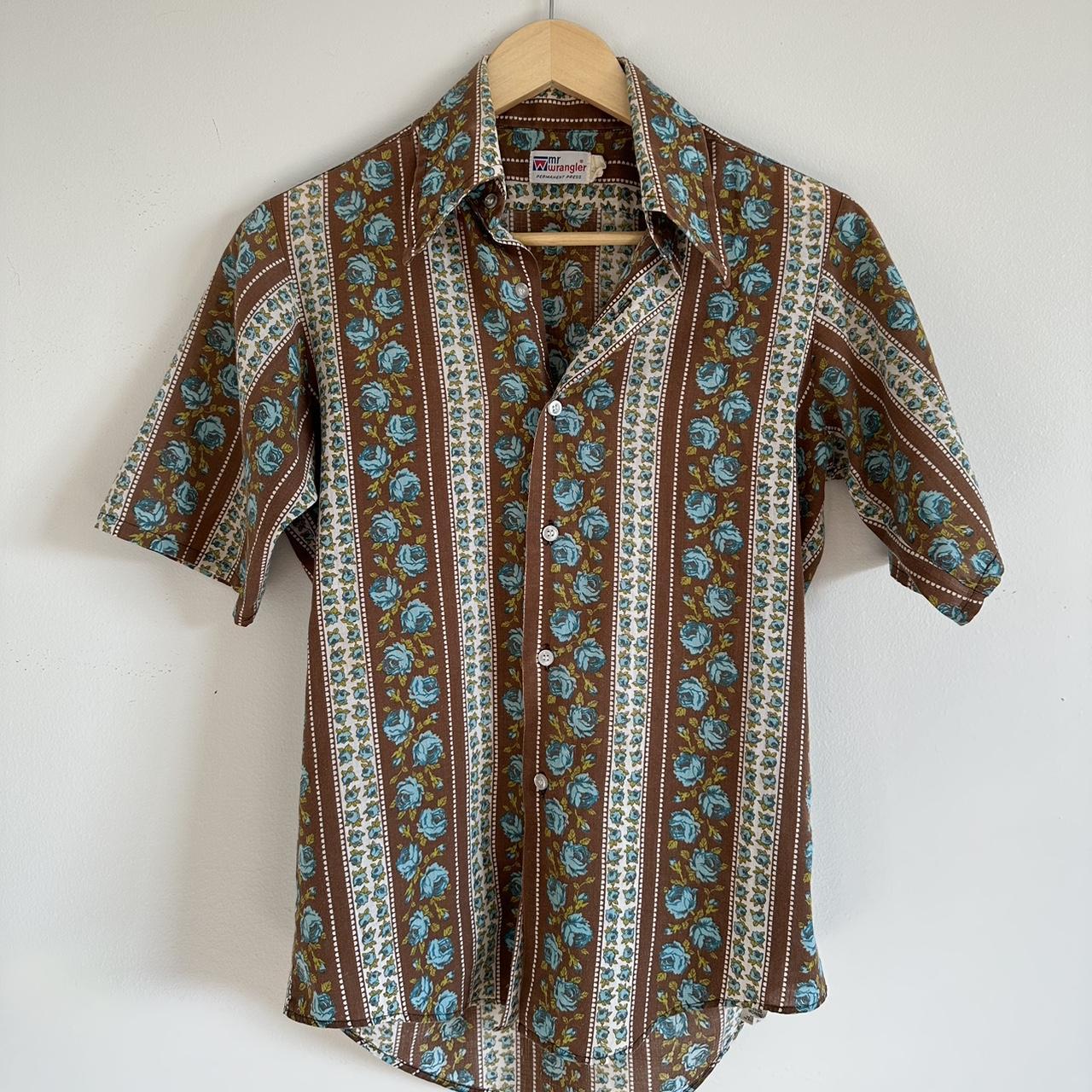wrangler floral print button up tee blue/brown... - Depop