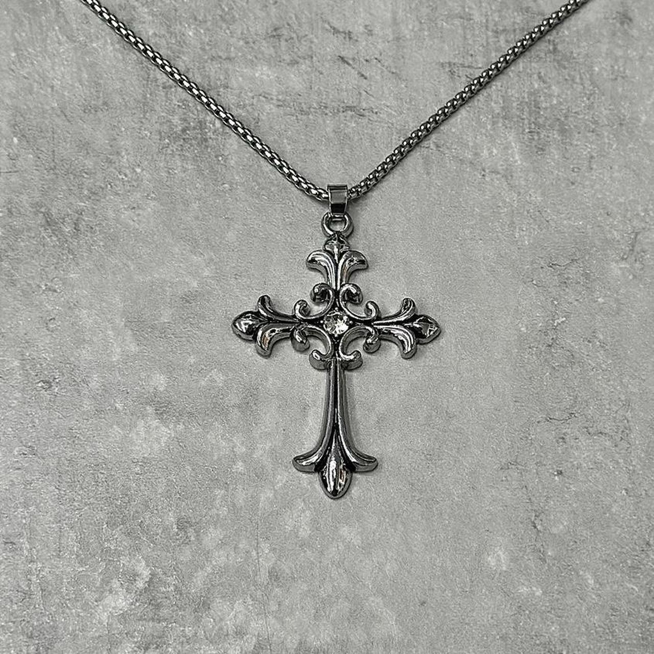silver gothic chrome cross necklace opium - unisex... - Depop