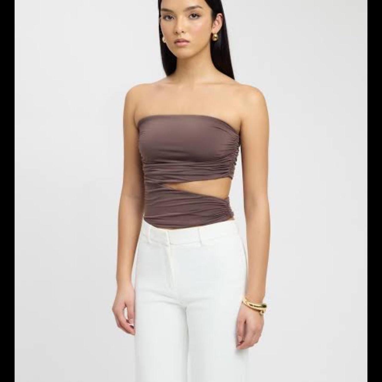 Kookai - Brown Ruched Bandeau top with cut out Only... - Depop