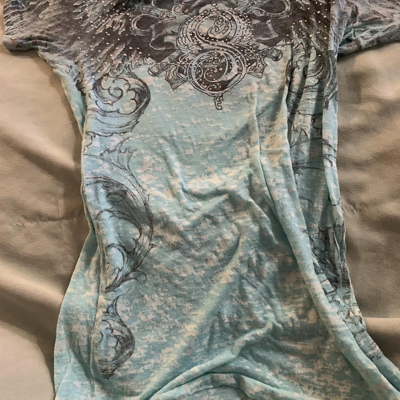 teal bedazzled rhinestone affliction tee fabrics... - Depop