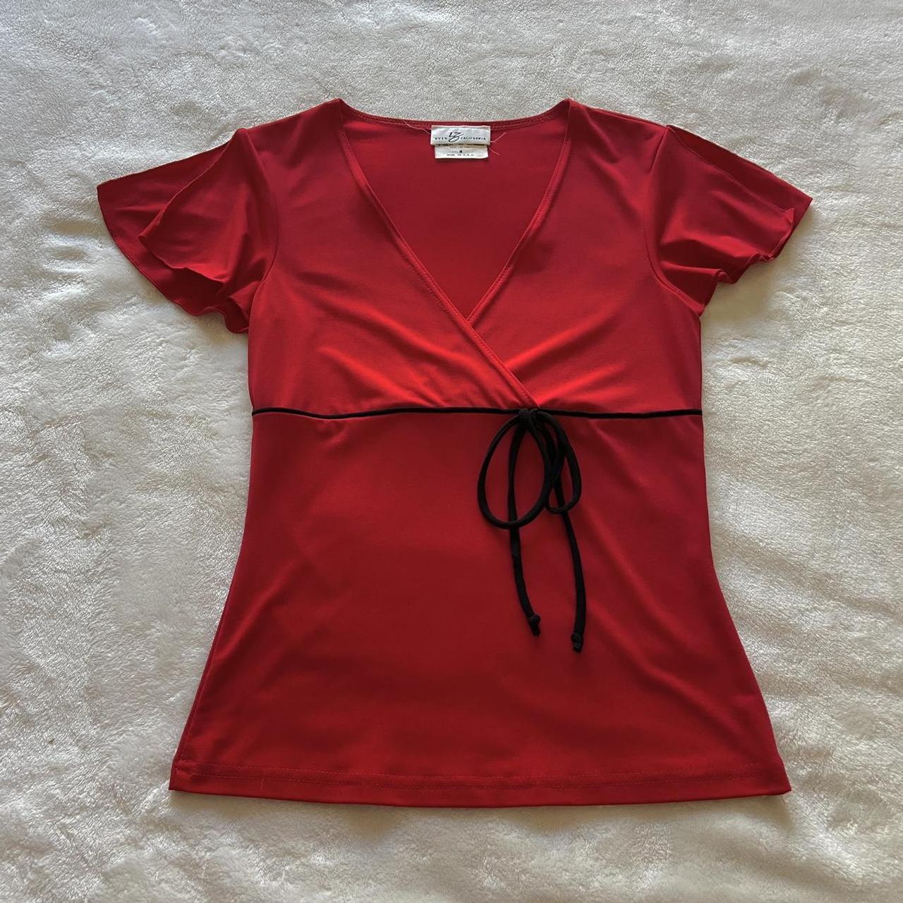 red fitted blouse with bow size M excellent... - Depop