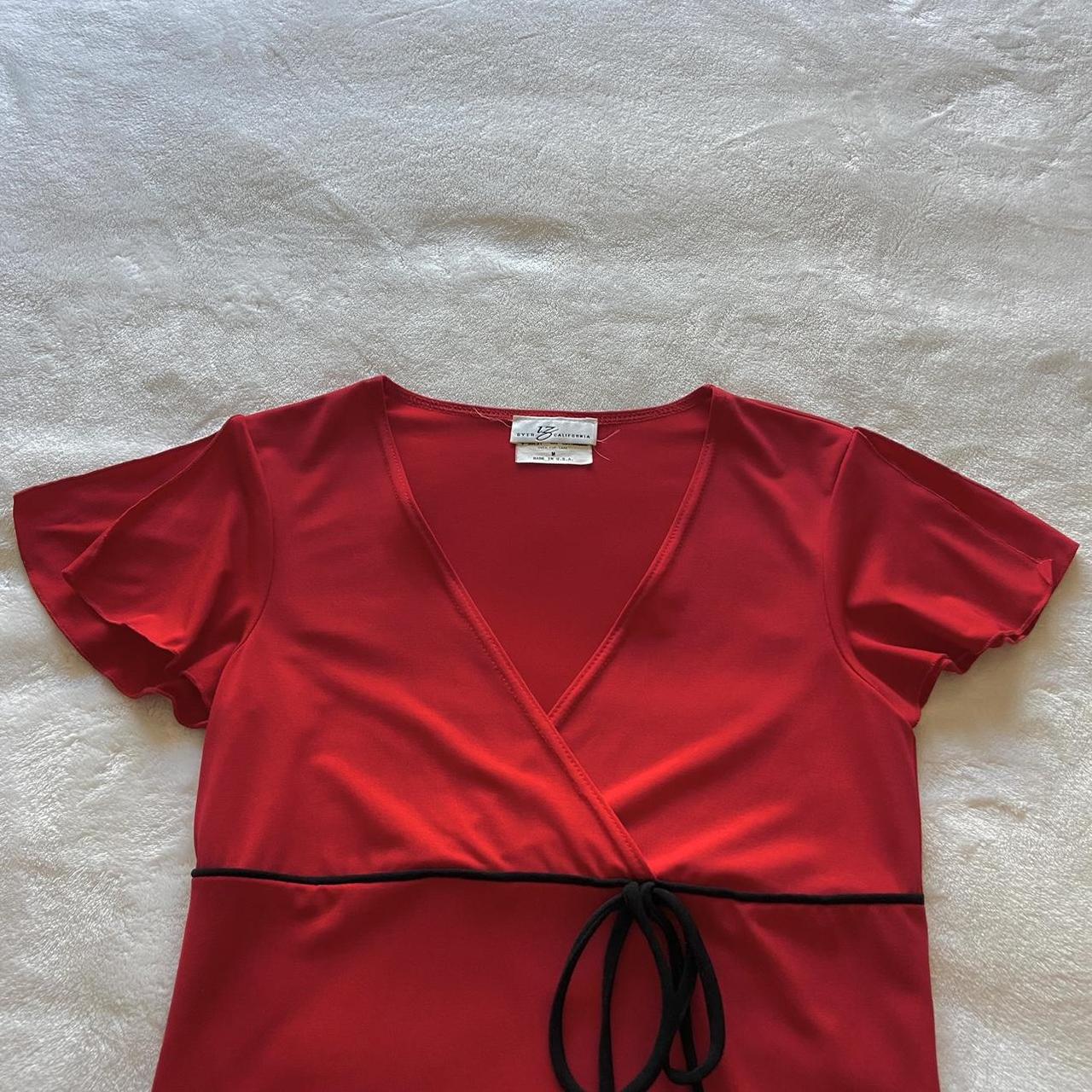 red fitted blouse with bow size M excellent... - Depop