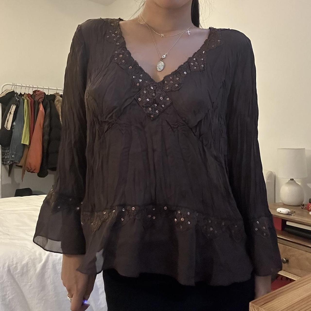 Vintage Sheer Top with Lace and Embellishment The... - Depop