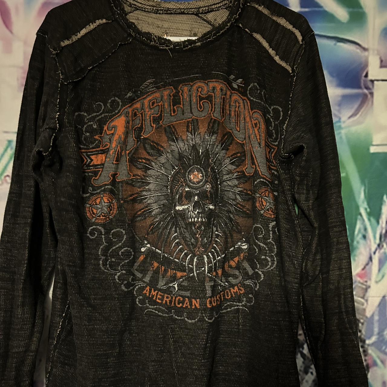 Affliction Men's Black and Orange Shirt | Depop