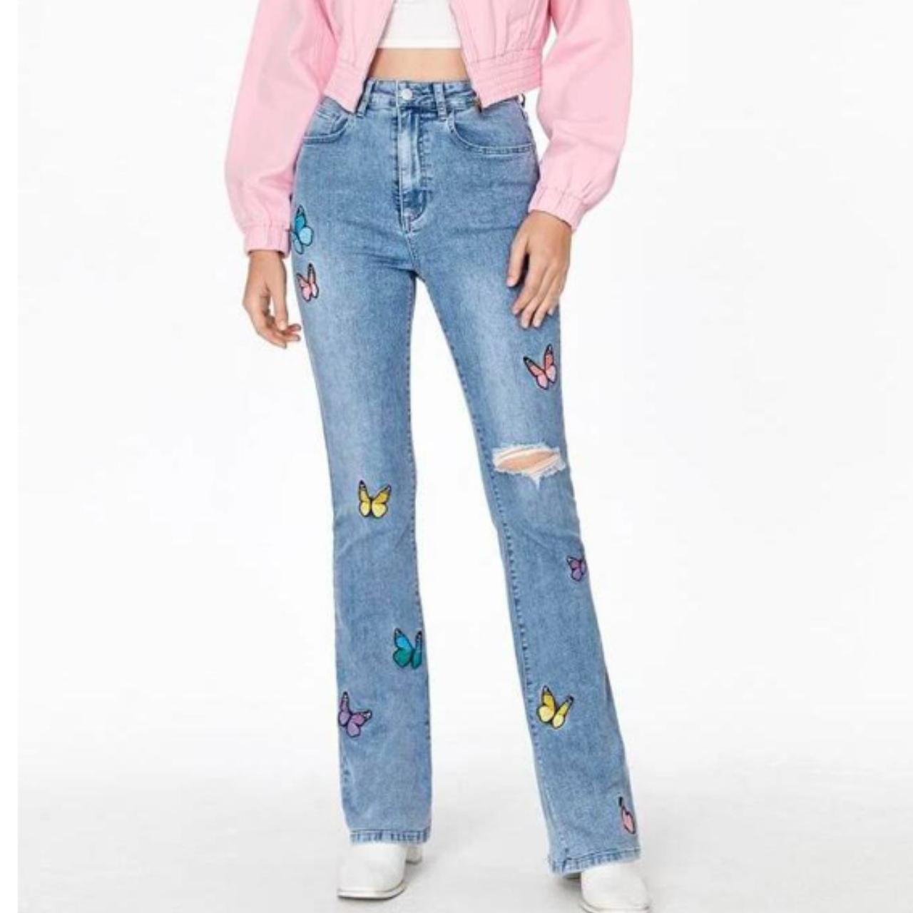 Y2K butterfly embroidered jeans size XS new without... - Depop
