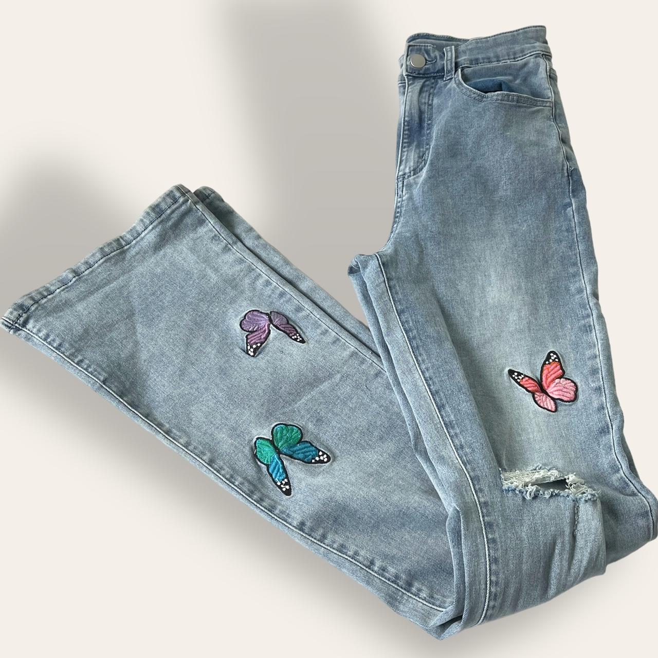 Y2K butterfly embroidered jeans size XS new without... - Depop