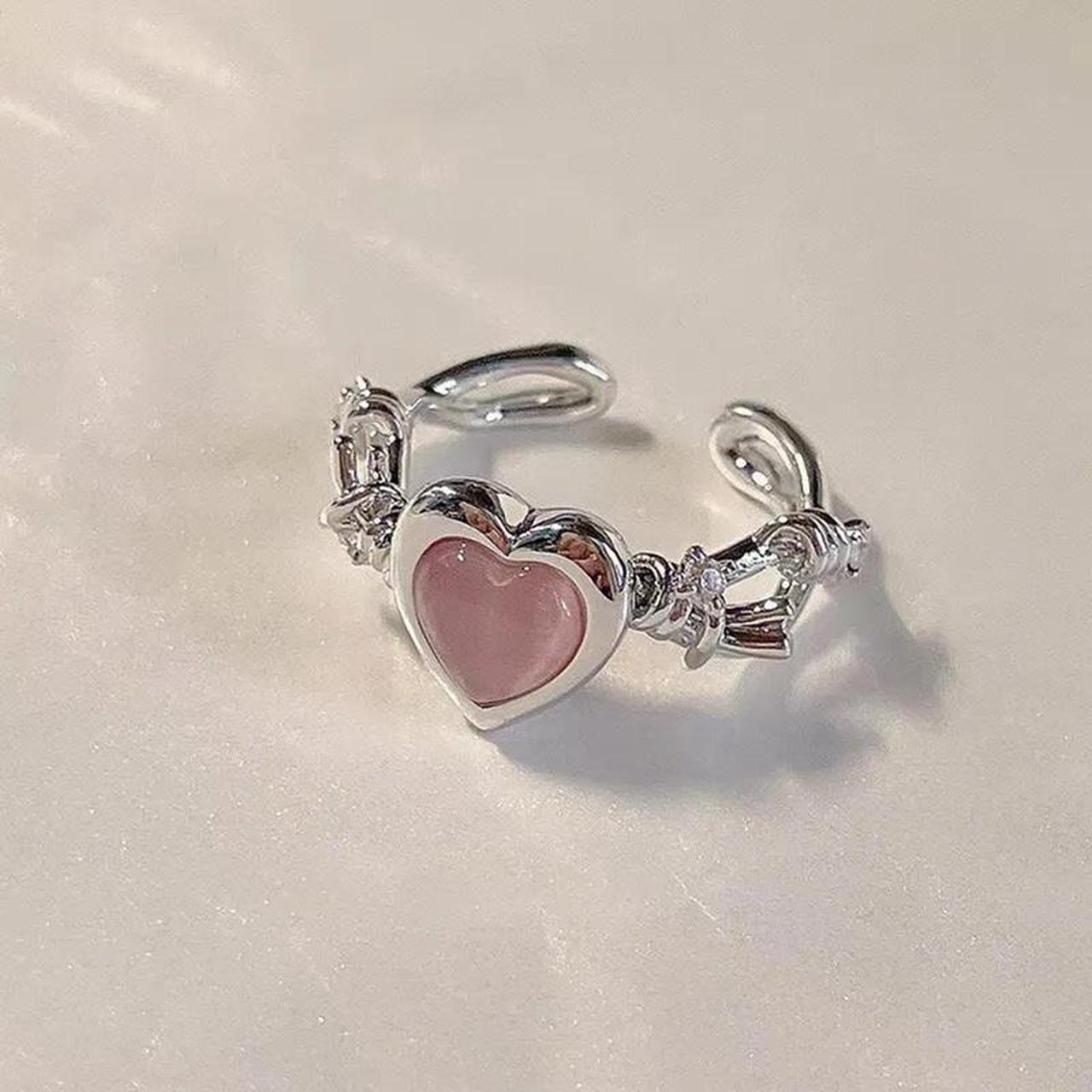 y2k pink heart silver ring 💖 NWOT. brand new,... - Depop