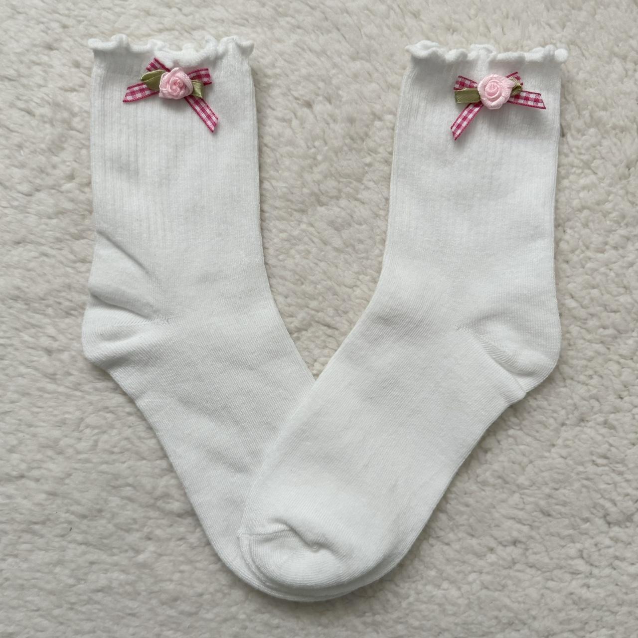 coquette white ruffle socks with strawberry pink... - Depop