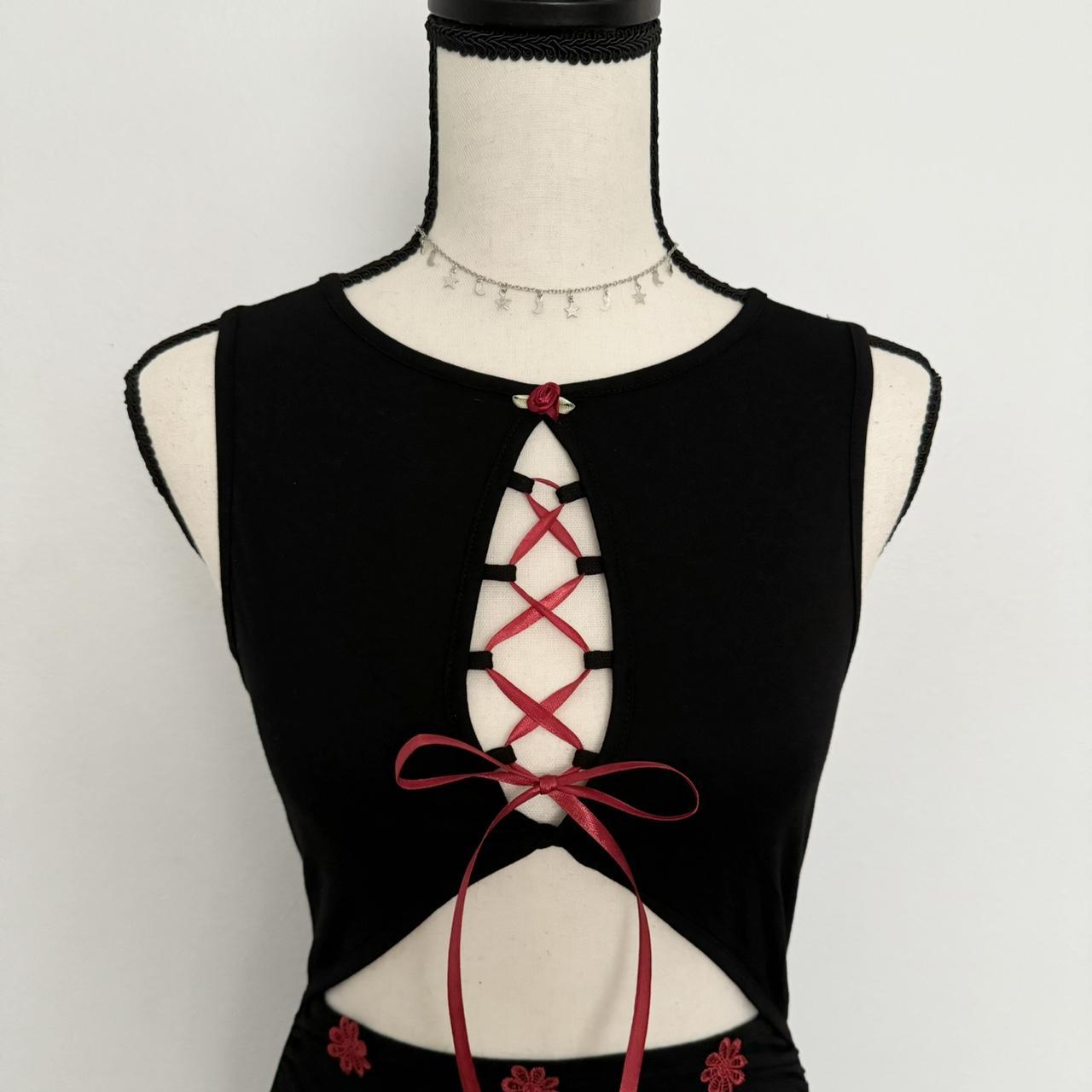 red ribbon lace up, red flowers, & red rosebud black... - Depop