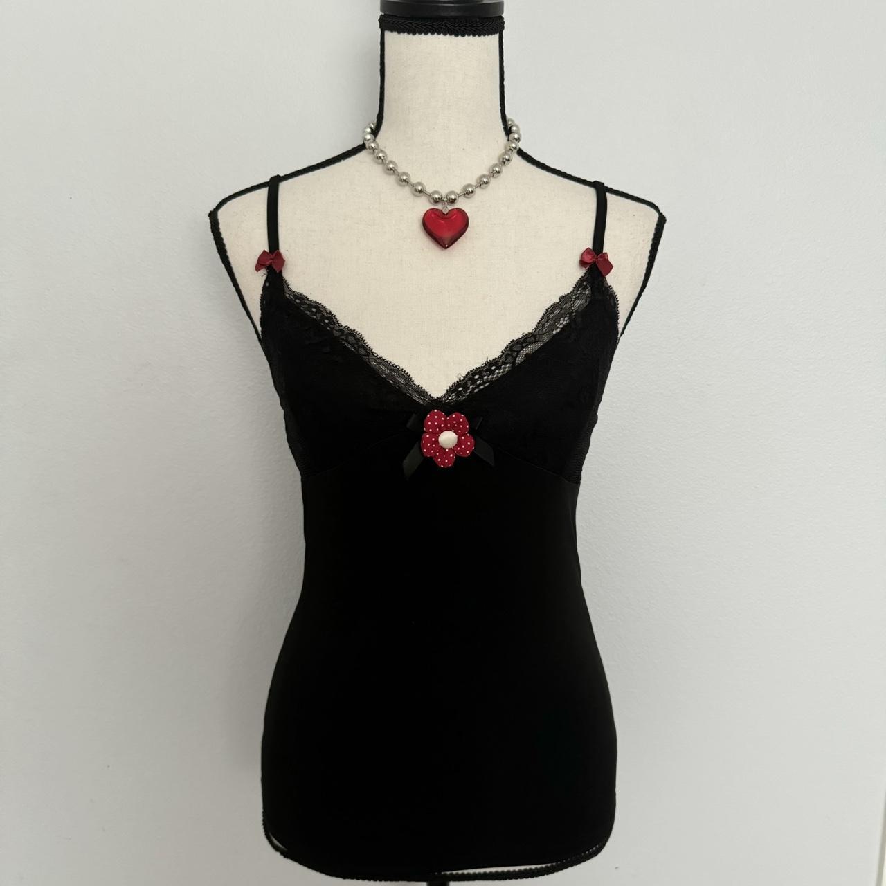 mini red bows black lace tank with red polka dot... - Depop
