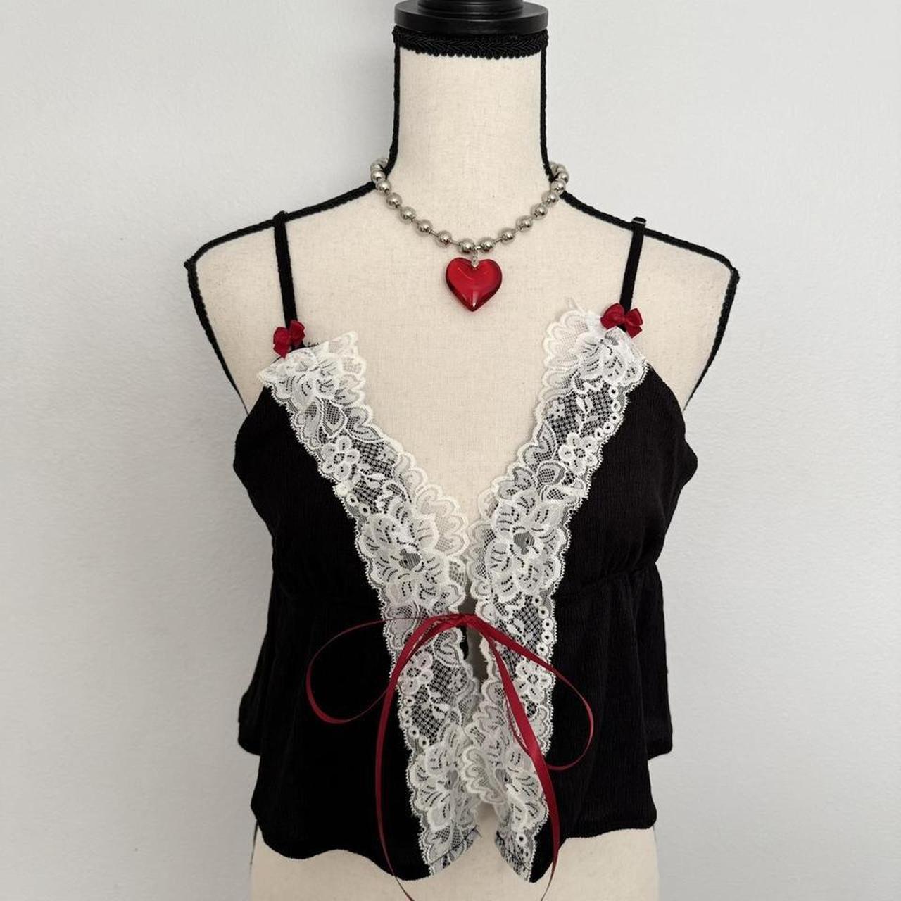 mini red bows red tie up black white lace... - Depop