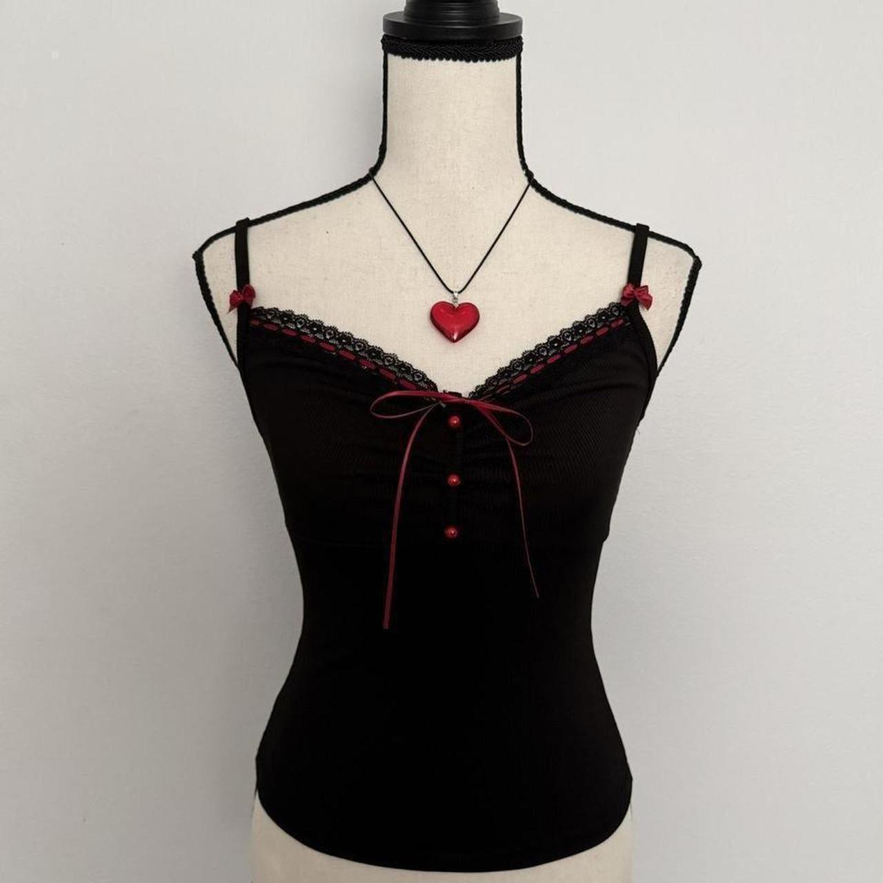 red pearls & red ribbon black lace trim black tank... - Depop