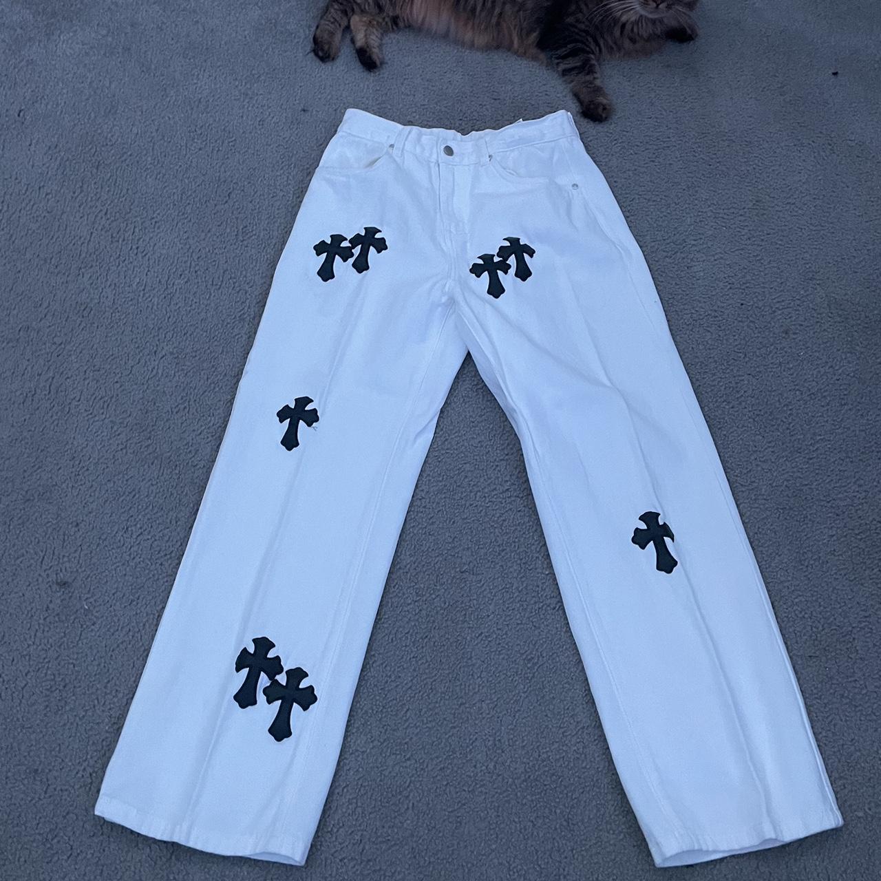 White Jeans with Black Crosses Size 34x30 - Depop