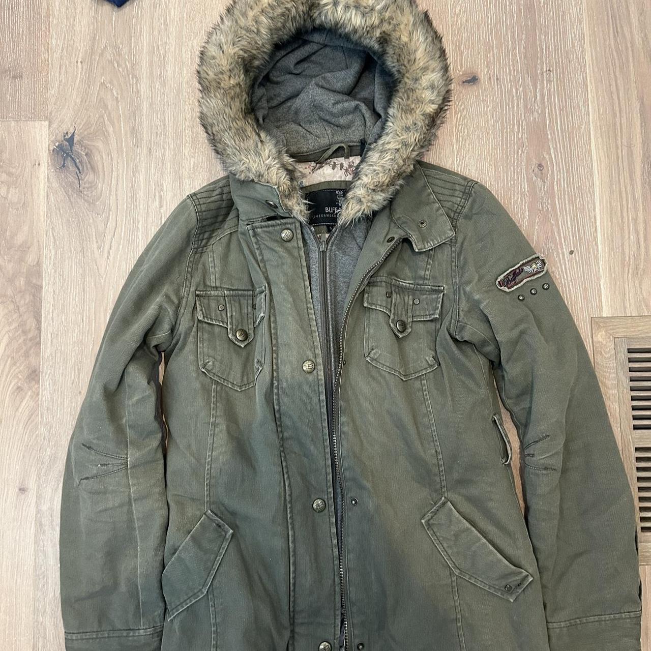 buffalo double layered fur hood jacket #y2k #emo... - Depop