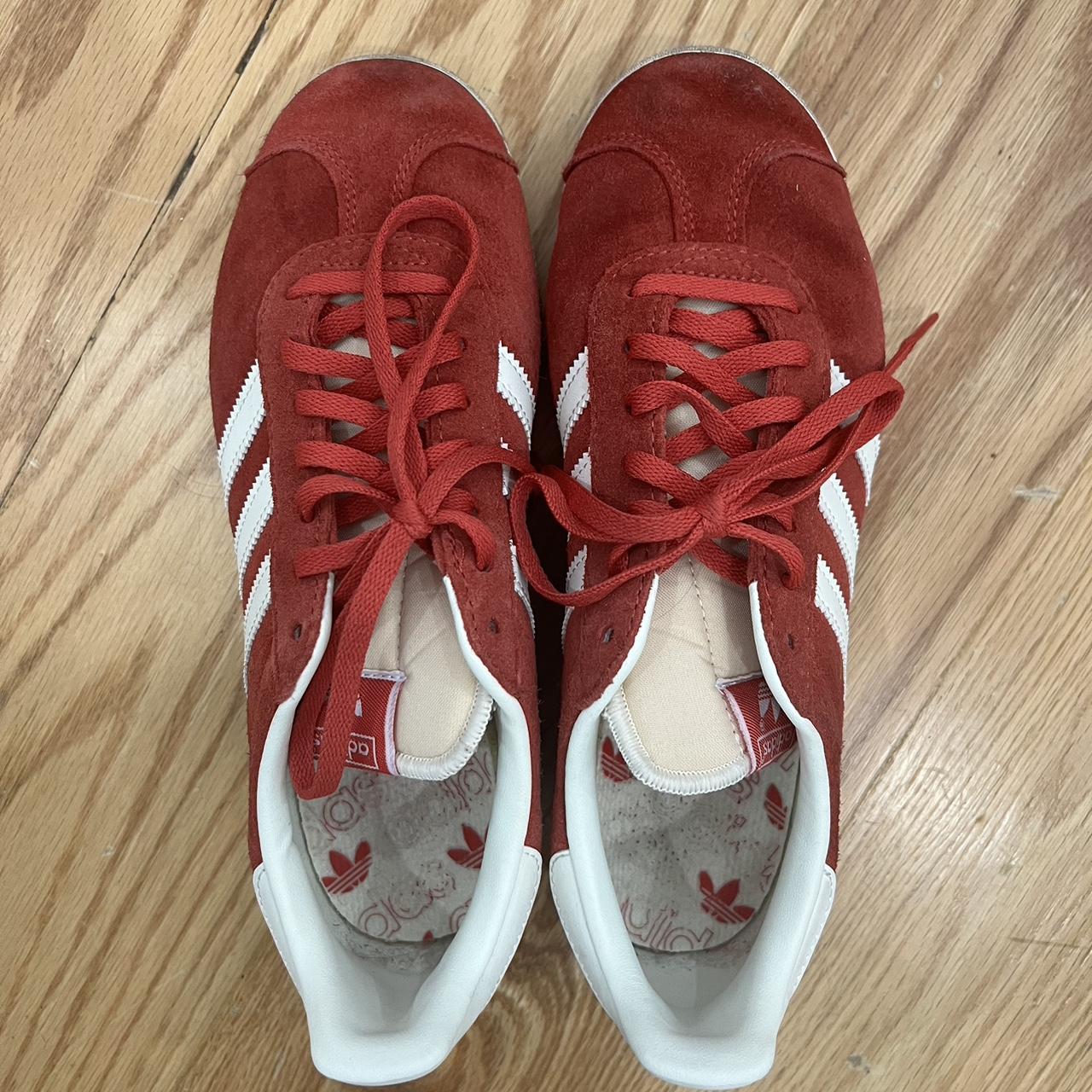 Adidas Originals red and white Gazelle trainers. 5... - Depop